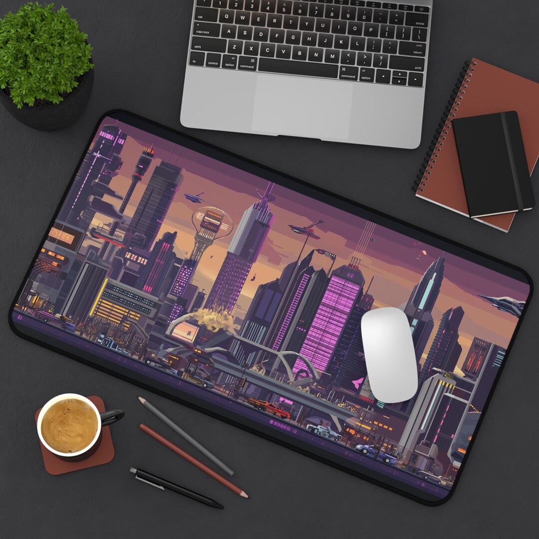 Cyberpunk Desk Mat, Neon Cityscape Mouse Pad, Futuristic Urban Office ...