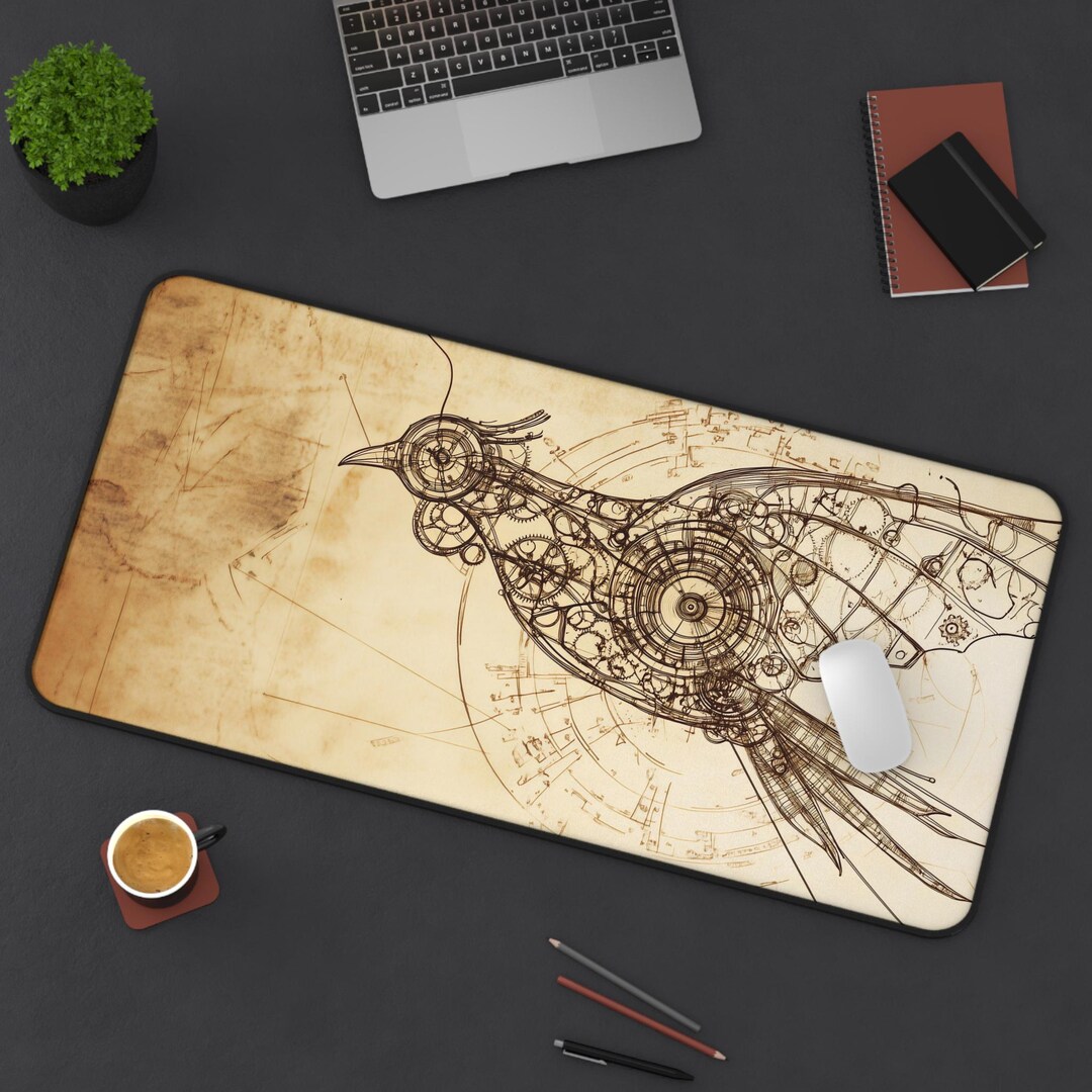 Steampunk Mechanical Bird Desk Mat, Gears Parchment Background ...