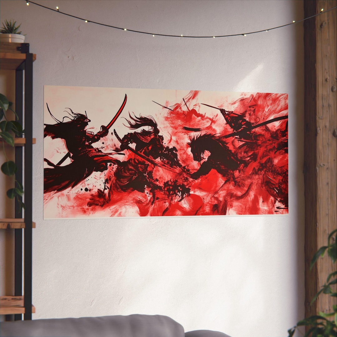 Samurai Battle Digital Art – Ancient Japanese Ink Print, Red and Black ...