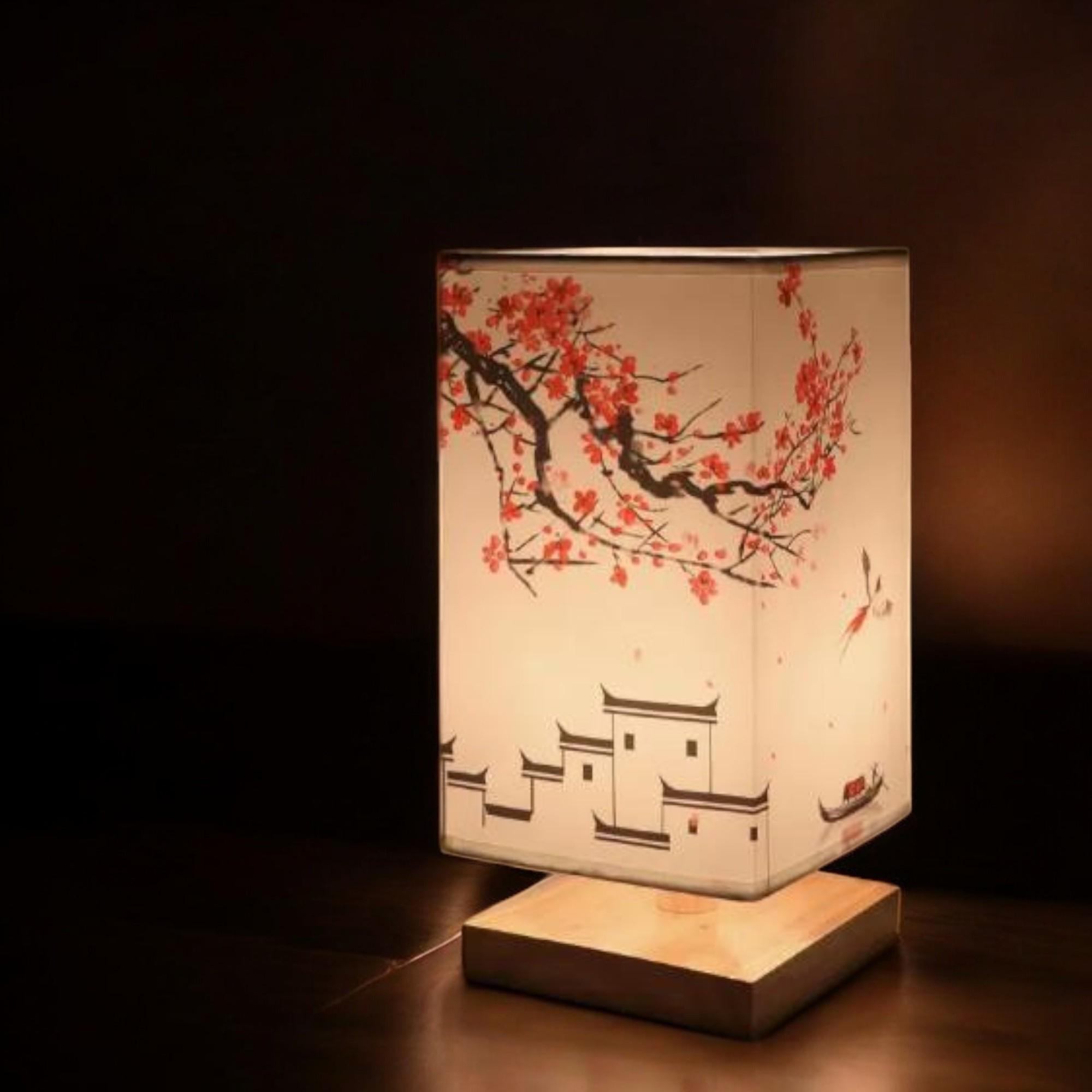 Exquisite Vintage Chinese Wooden Table Lamp Retro Landscape Art Decor ...