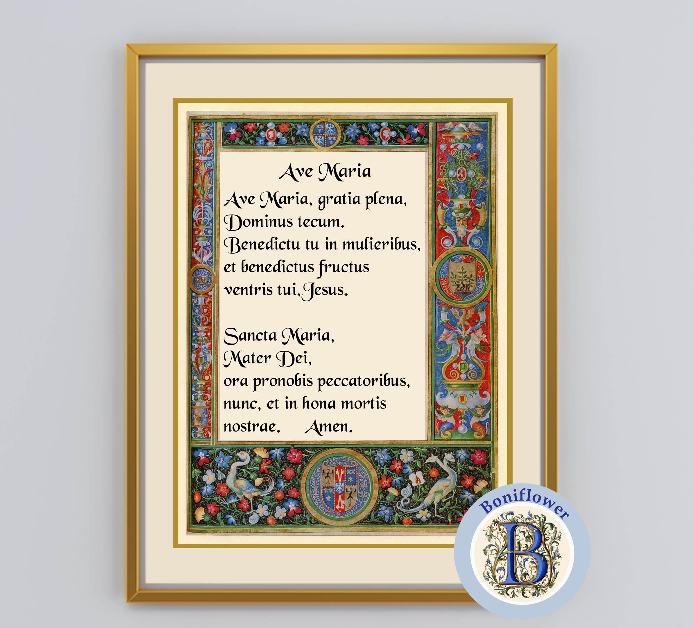 Ave Maria Latin Hail Mary Prayer Art Print: Medieval Catholic Wall ...