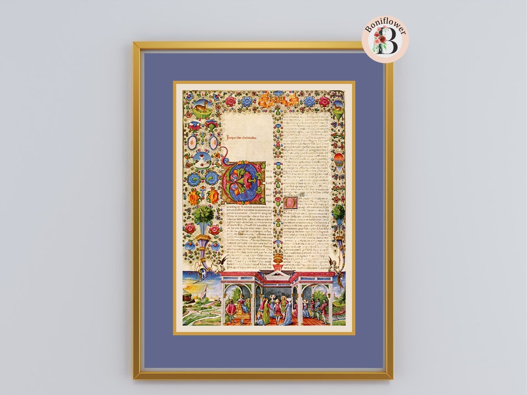 Floral Medieval Bible Reproduction Medieval Illuminated Manuscript ...