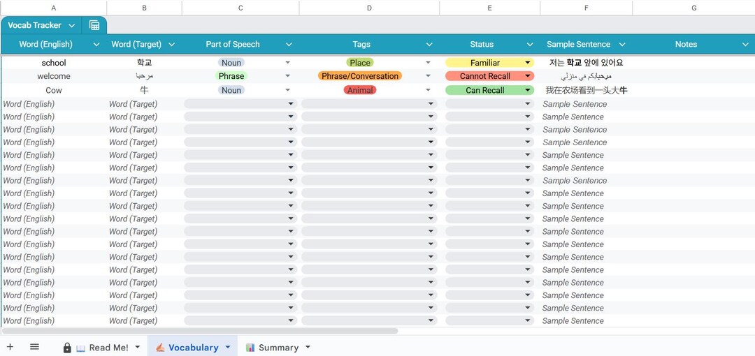 New Language Vocabulary Tracker Template | for All Language Learners ...