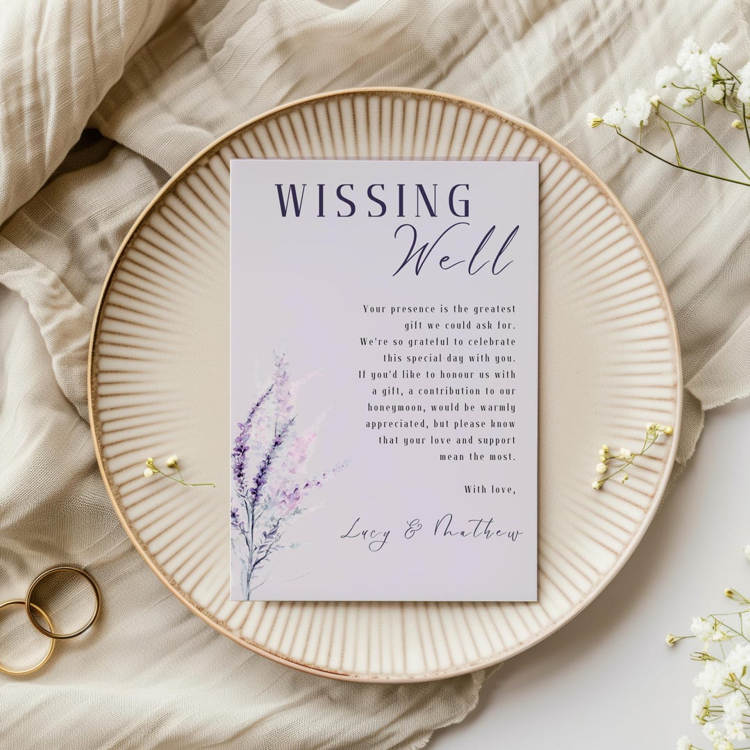Lavender Wedding Wishing Well Card Template: Floral Note on Gifts ...