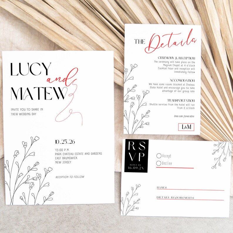 Minimalist Wildflower Wedding Invitation Set: Printable Templates ...
