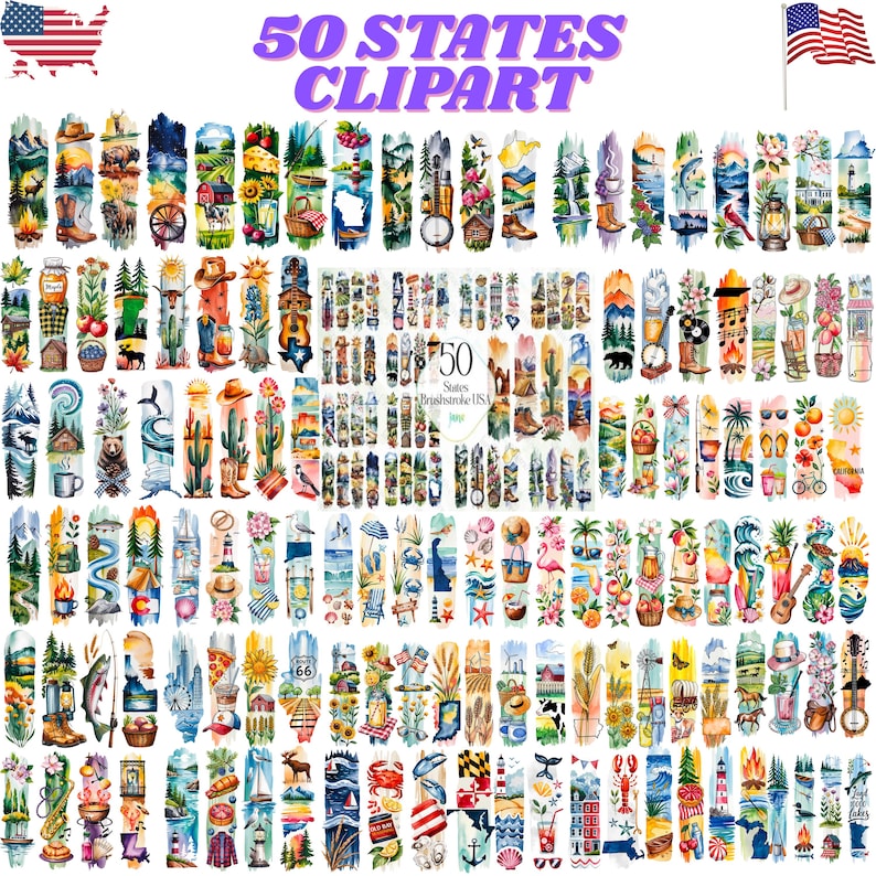 50 States Clipart, 50 States Png, Brush Strokes Png, Watercolor Paint ...