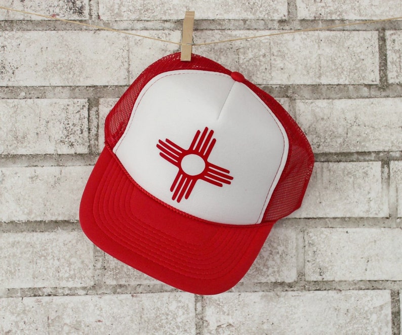 New Mexico Hat, Trucker Hat, Zia Sun Symbol, Red and White, Zia Symbol ...