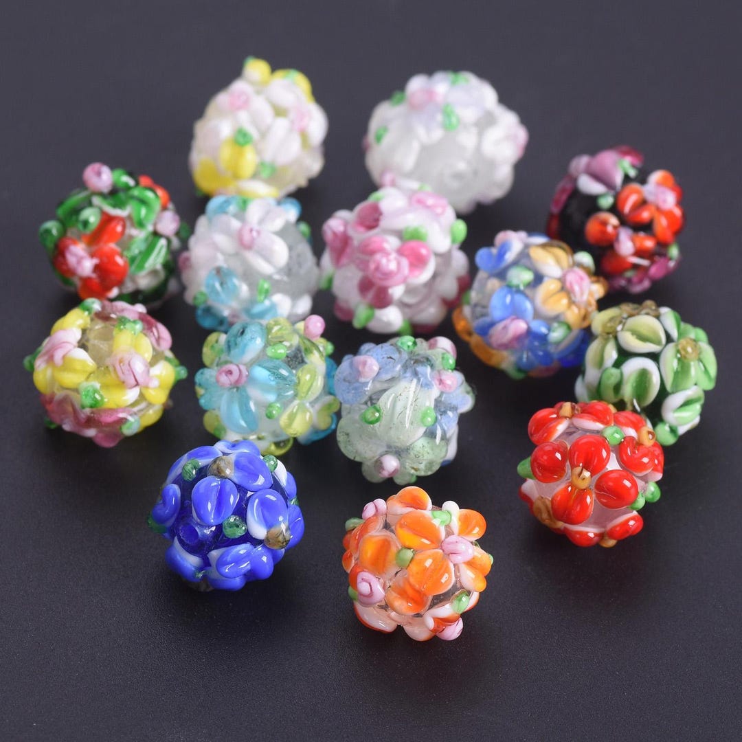 Round Handmade Flower Lampwork Glass Loose Beads 5pcs 12mm for Jewelry ...