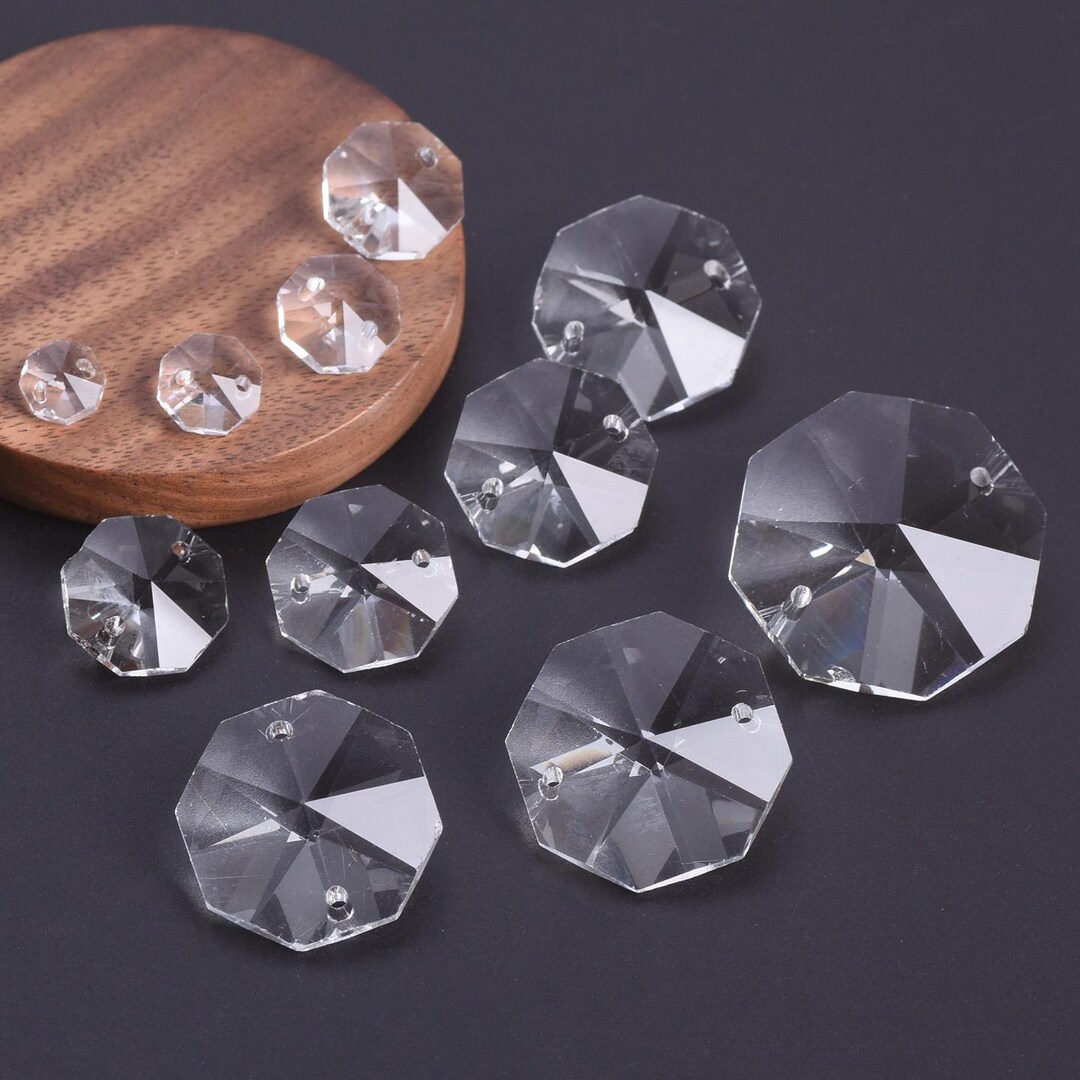 2 Hole Octagon Prism Clear Faceted Crystal Glass Beads 8mm 10mm 12mm ...