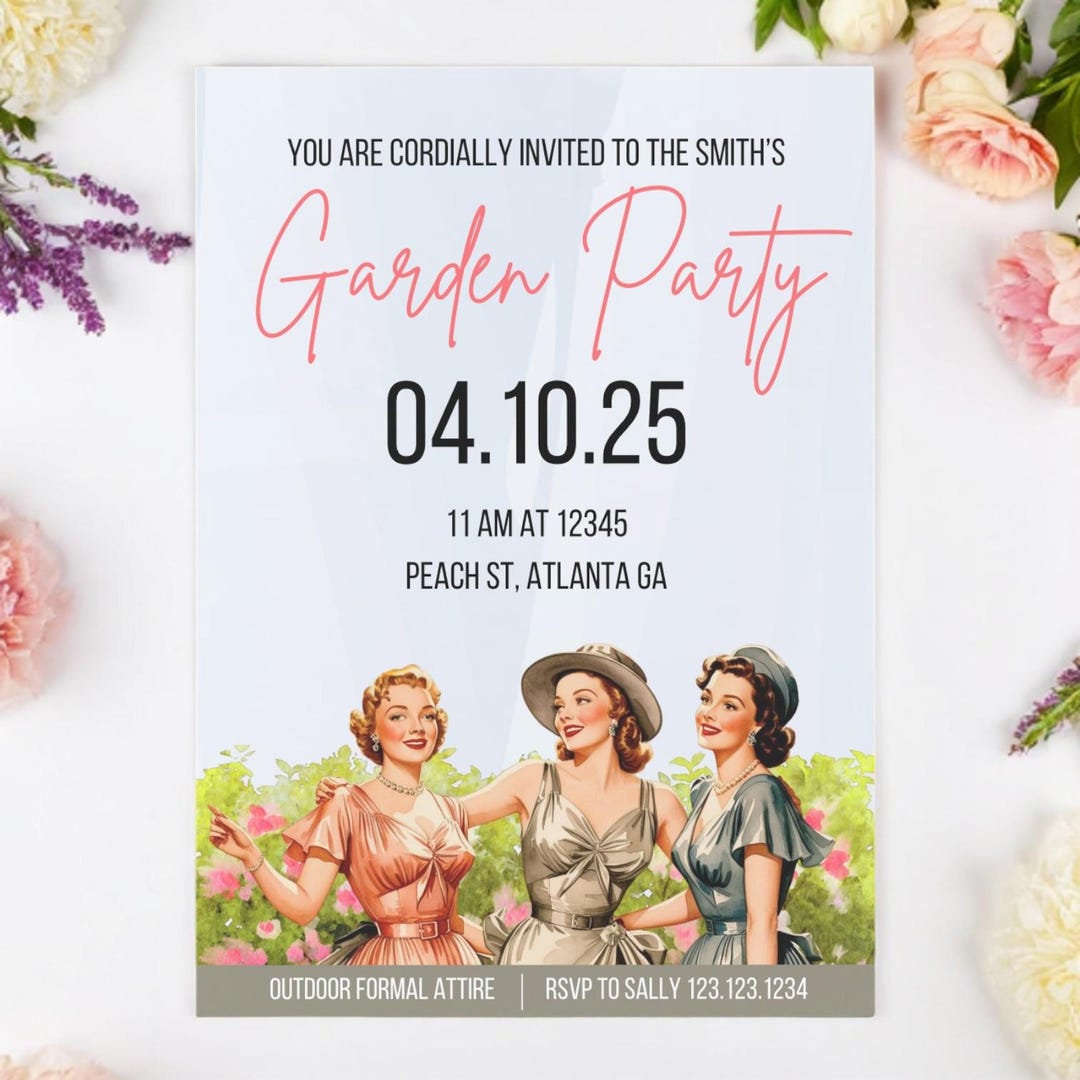 1950s Garden Party Invitations Vintage Editable Template Download ...