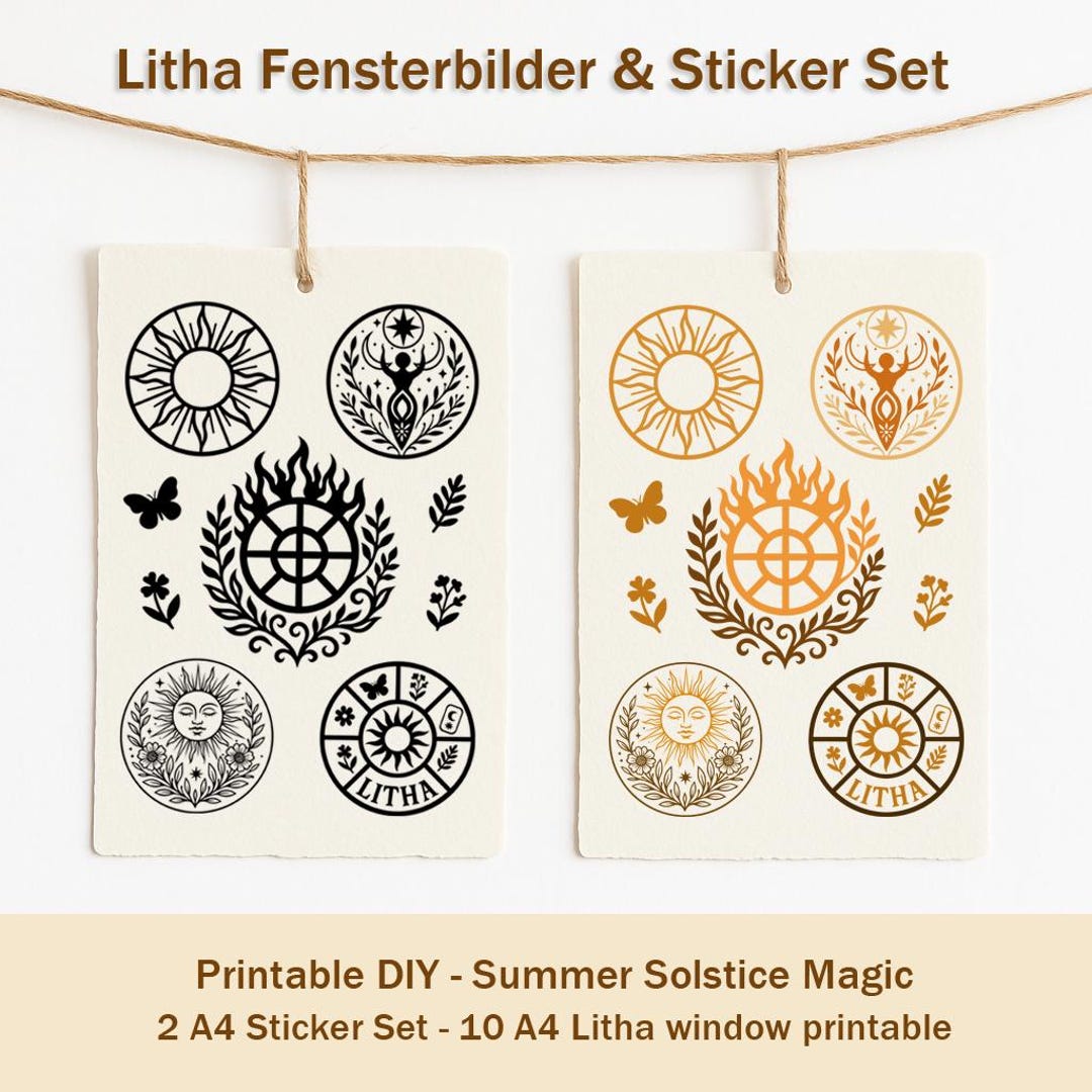 Litha Printable Kit - 18 Pagan Stickers + 10 Window Templates - Summer ...