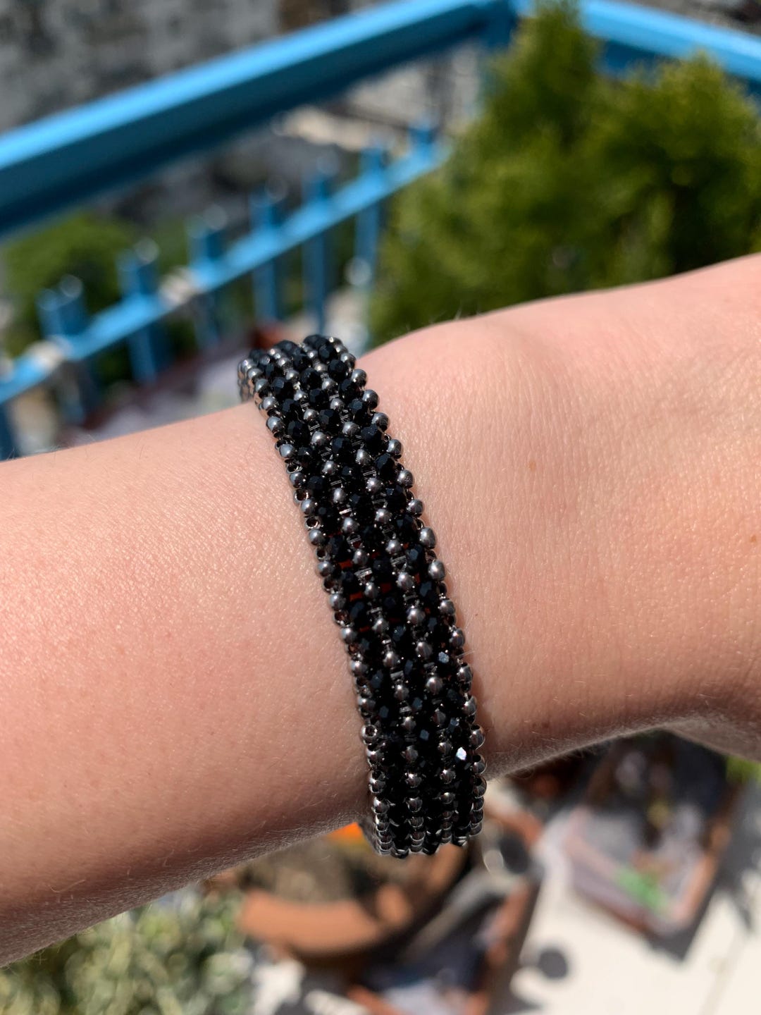 Black Crystal Beaded Bracelet - Etsy