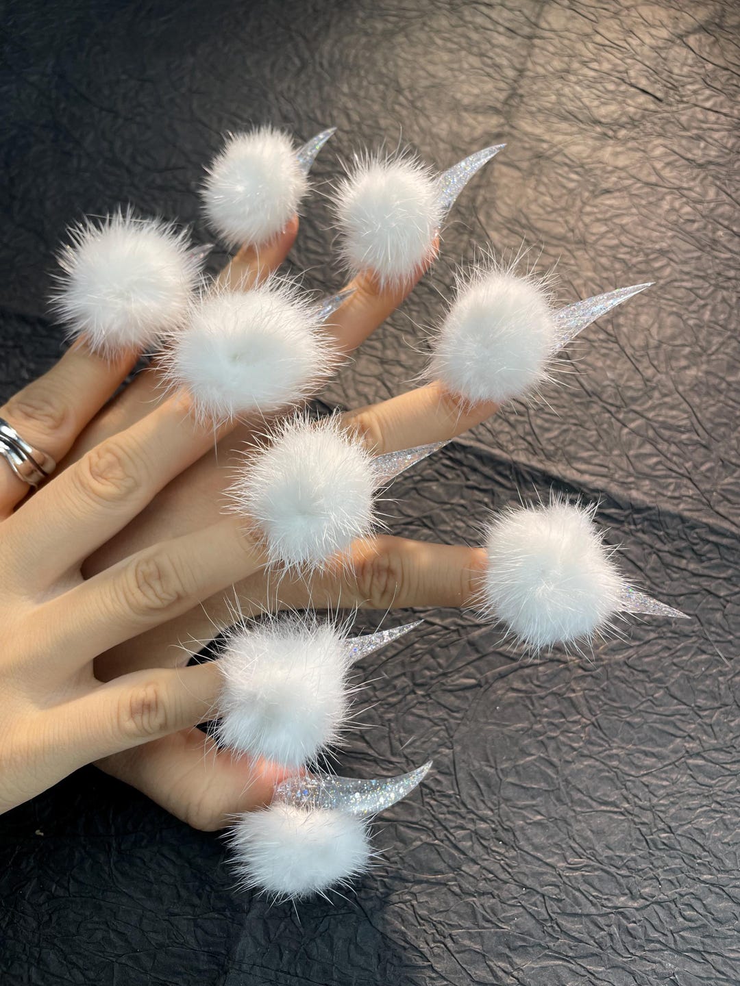 White Fur Pompom Press on Nails – Glitter Stiletto Y2K Nail Art - Etsy