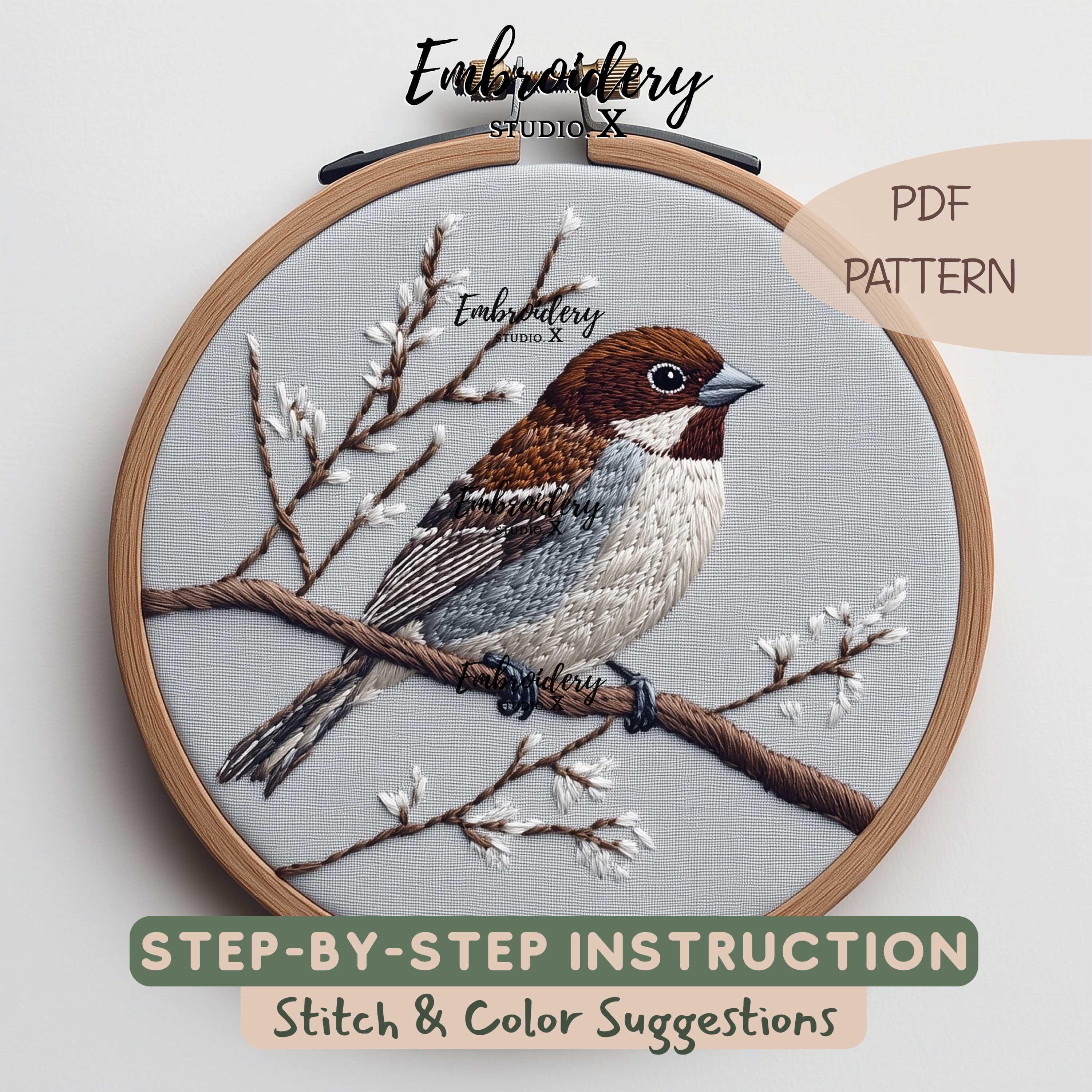 Sparrow on Branch Embroidery Pattern | Elegant Bird Hand Embroidery PDF ...