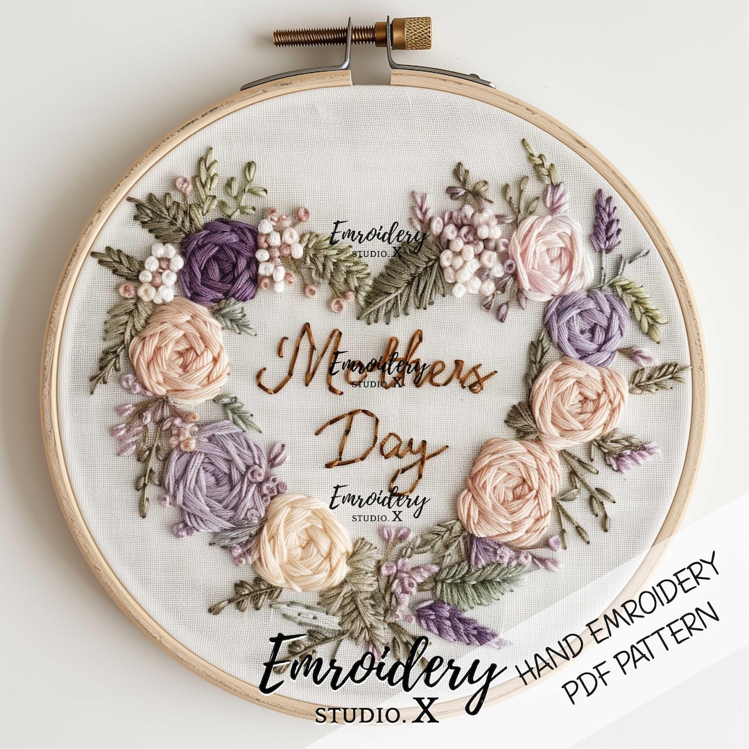 Mother's Day Flower Wreath Embroidery Pattern | Heart-shaped Floral ...