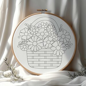 Flower Basket Embroidery | Daisy Meadow Hoop Pattern | Rustic Basket ...