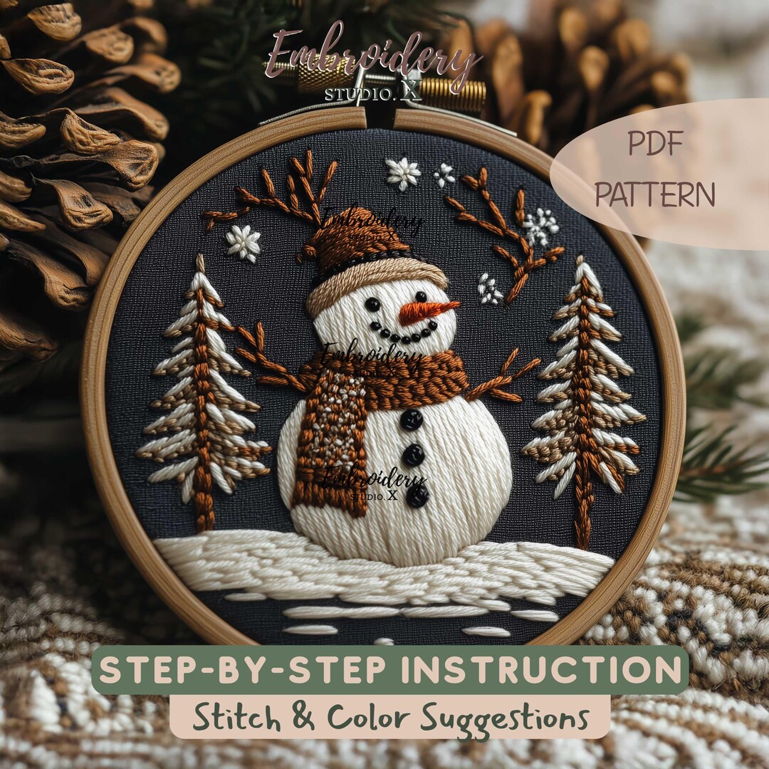 Happy Snowman Embroidery Pattern | DIY Christmas Design With Trees ...