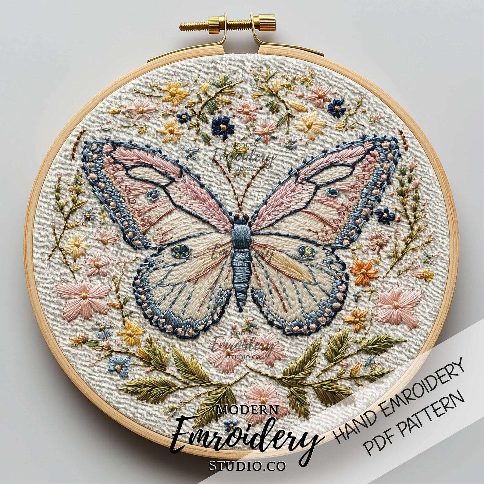 Butterfly Embroidery Pattern | Pastel Wildflowers & Spring Design ...