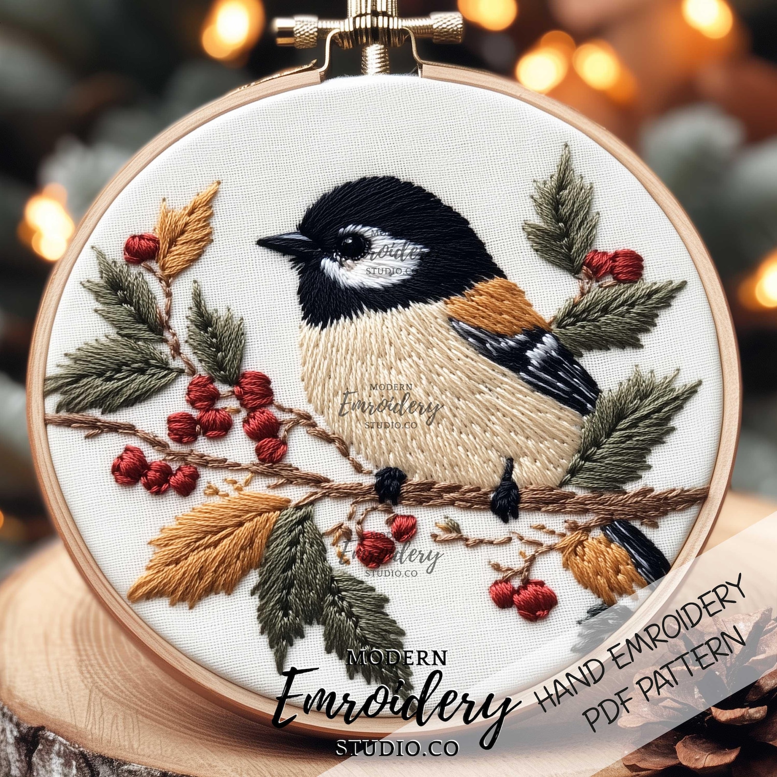 Chickadee on Holly Branch Embroidery Pattern | Bird & Berries Hand ...