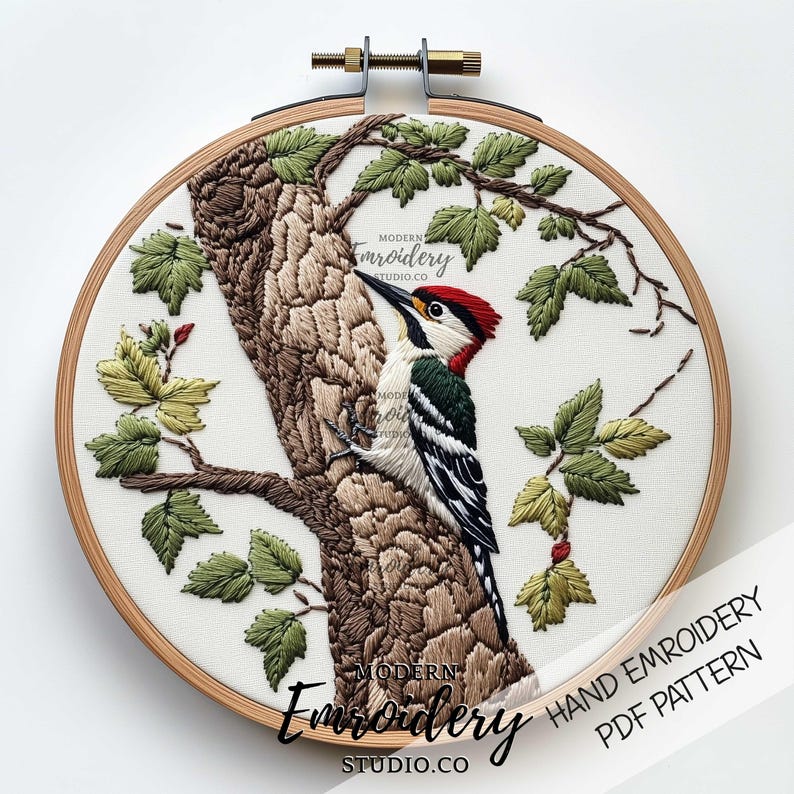 Woodpecker Embroidery Pattern | Realistic Bird Hand Embroidery PDF ...