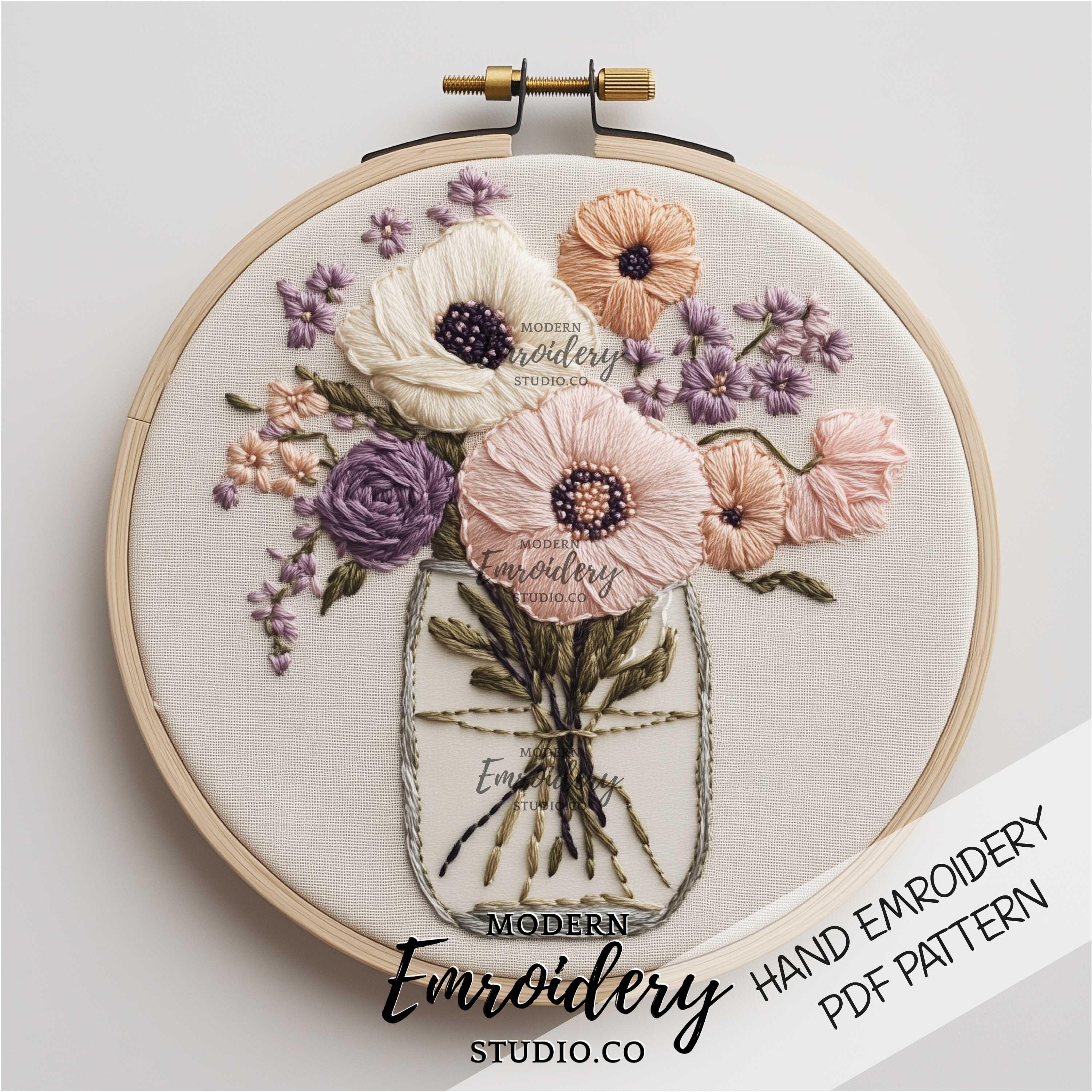 Mason Jar Bouquet Embroidery Pattern | Glass Jar Floral PDF Design ...