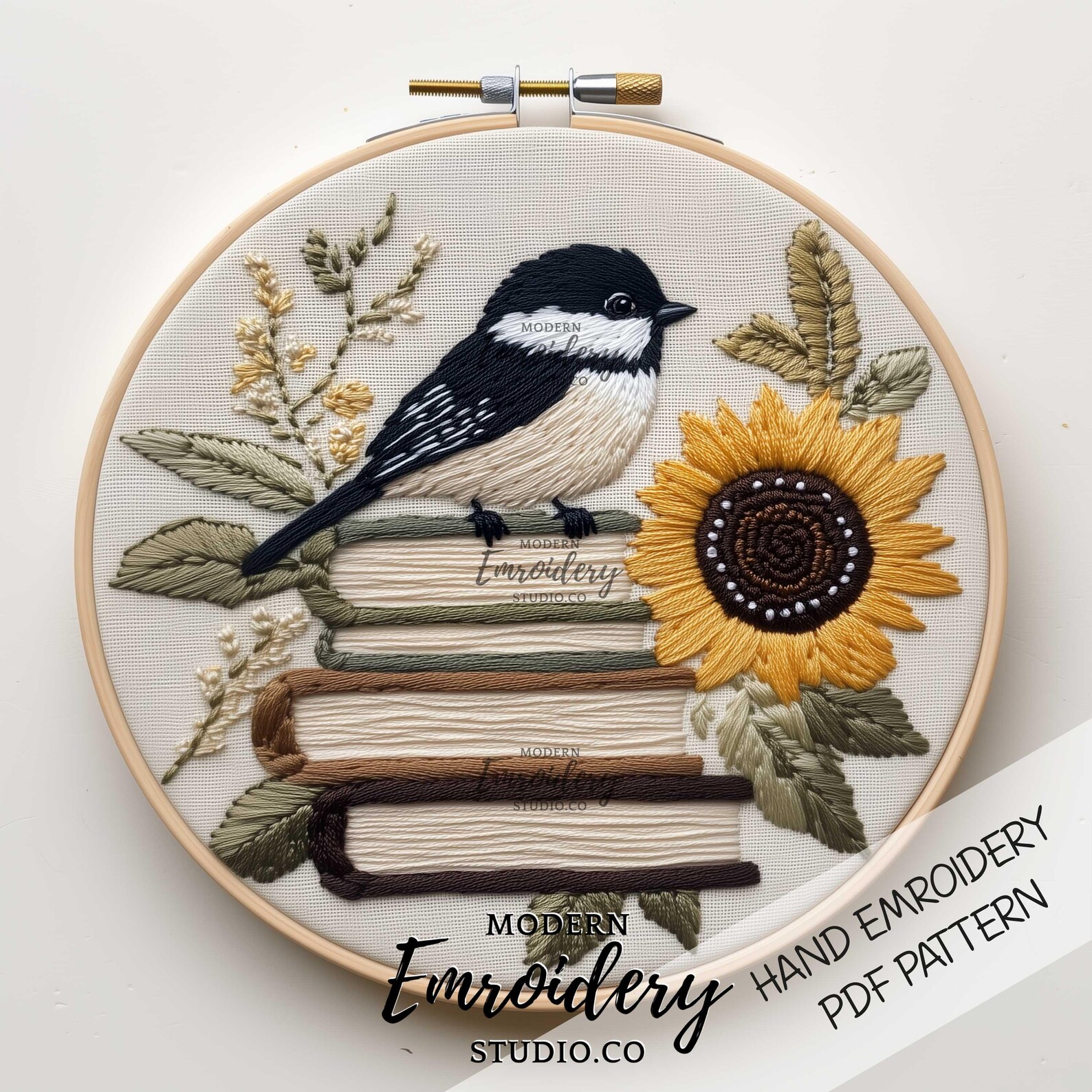 Chickadee and Books Embroidery Pattern | Bird & Sunflower Hand ...