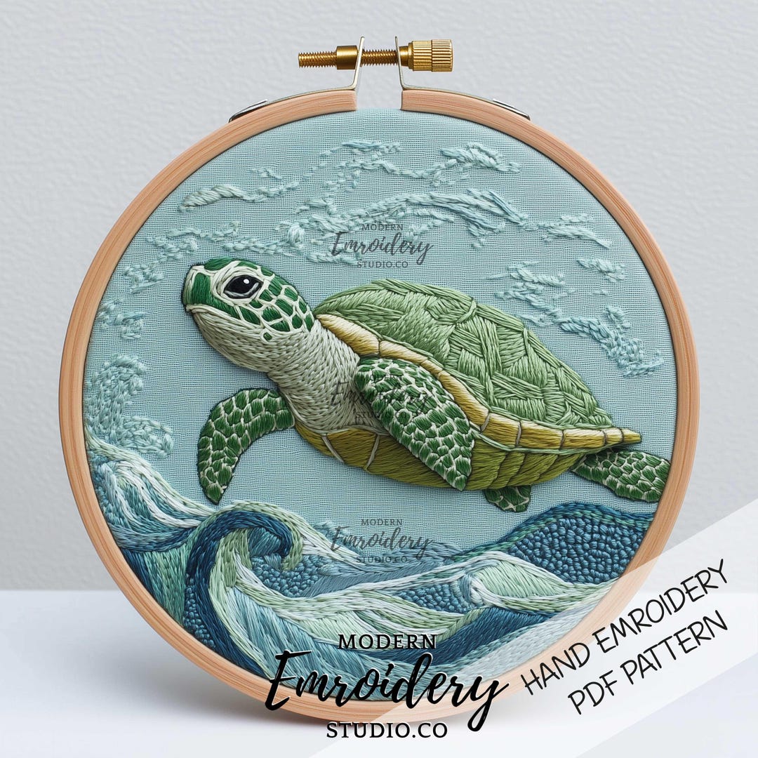 Sea Turtle Embroidery Pattern | Ocean Waves Wildlife Hand Embroidery ...