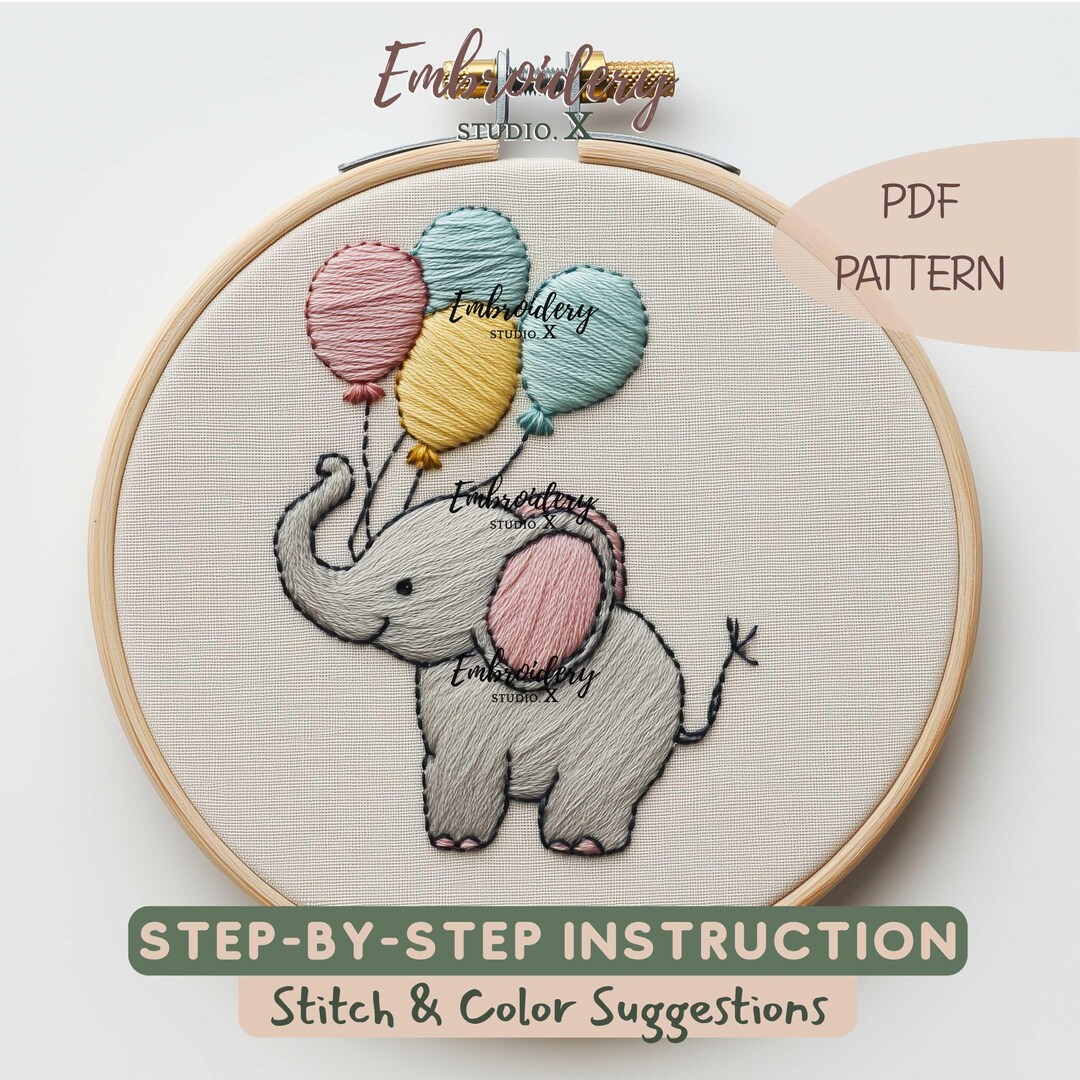 Elephant With Balloons Embroidery Pattern | Baby Elephant Hand ...