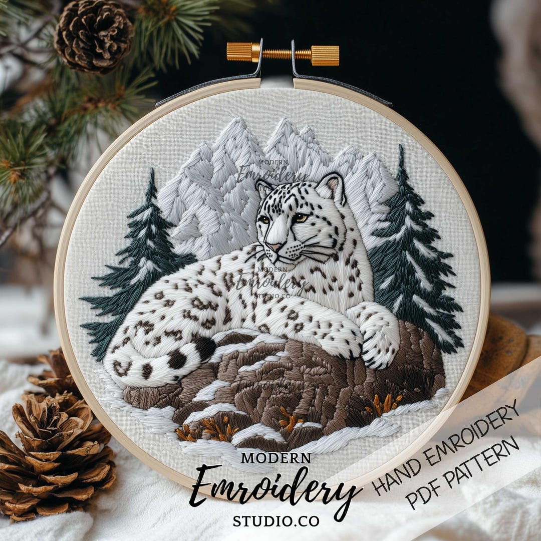 Snow Leopard Embroidery Pattern | Realistic Big Cat Hand Embroidery PDF ...