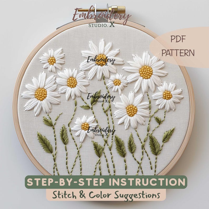 Wild Daisy Meadow Embroidery Design - Floral PDF Pattern for Hoop Art, Flower Embroidery, and ...
