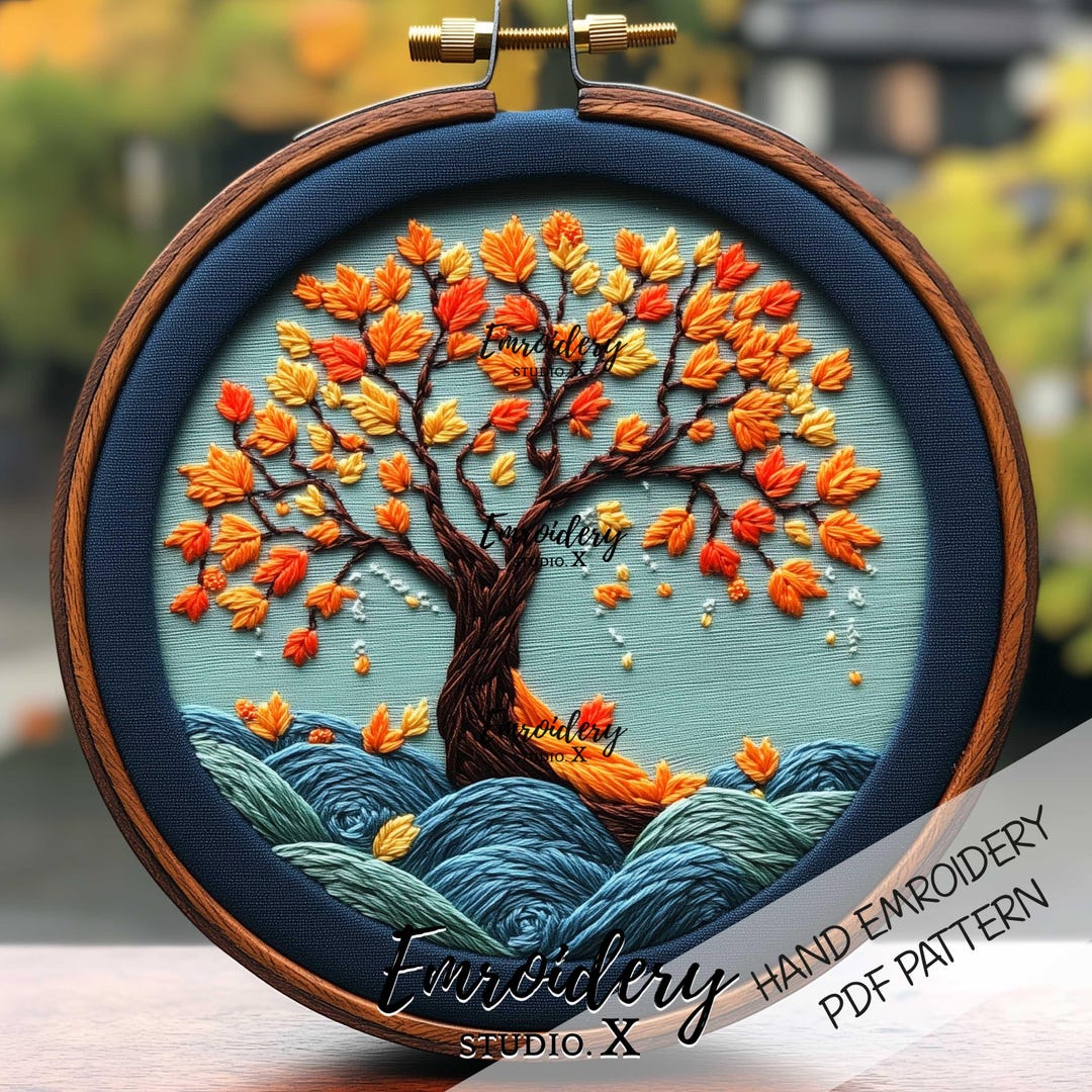 Autumn Tree Embroidery Pattern PDF: Red and Orange Leaves With Mountain ...