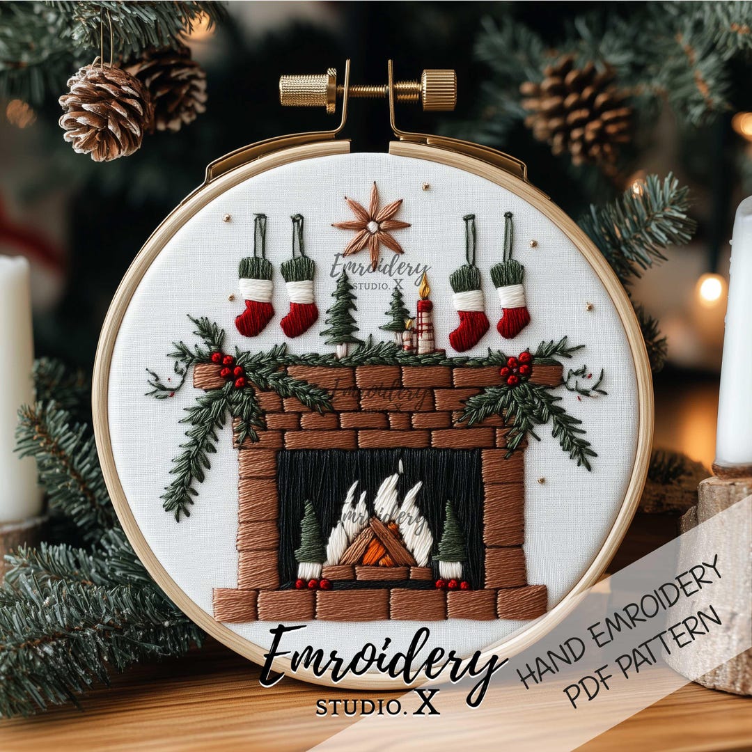 Christmas Fireplace Embroidery Pattern | Cozy Fireplace Design for DIY ...