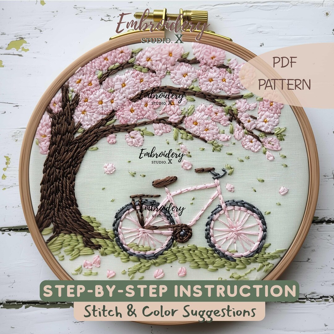 Pink Bicycle Design Under Cherry Blossom Tree | Floral Bike Embroidery ...