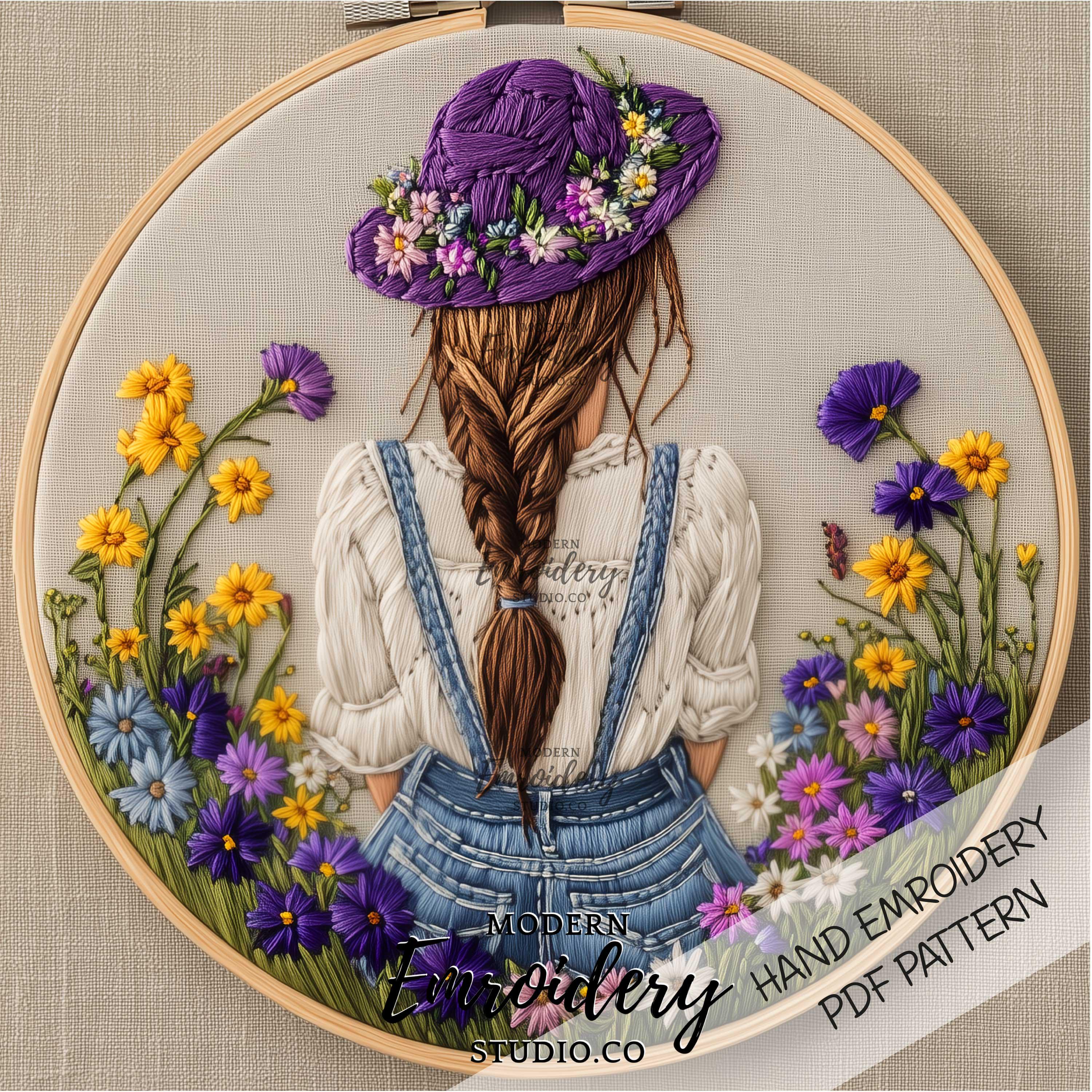 Floral Lady Embroidery | Meadow Flower Hoop Pattern PDF | Realistic ...