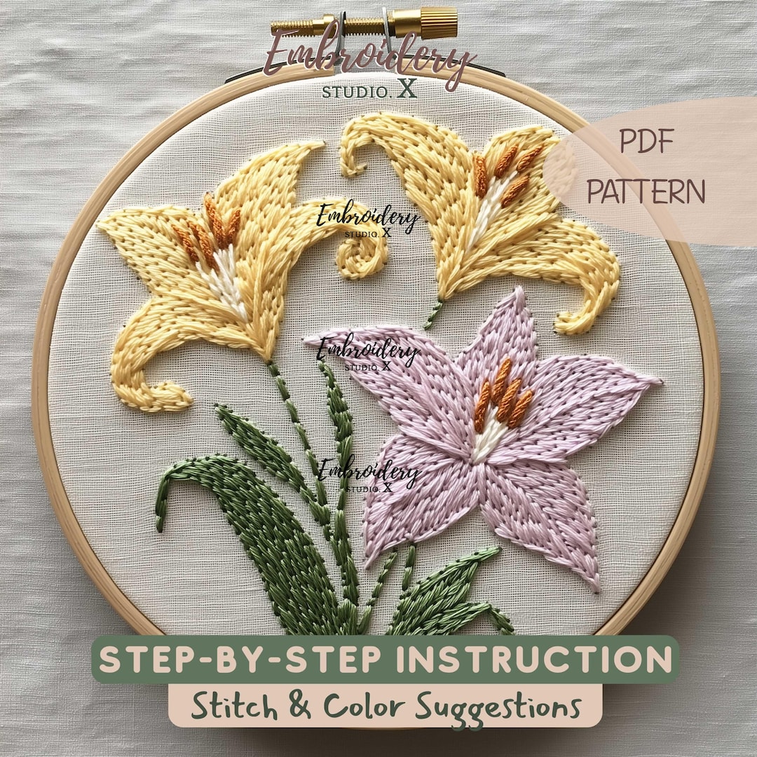 Lily Flower Embroidery Pattern - Lily Bloom PDF With Pastel Lilies for ...