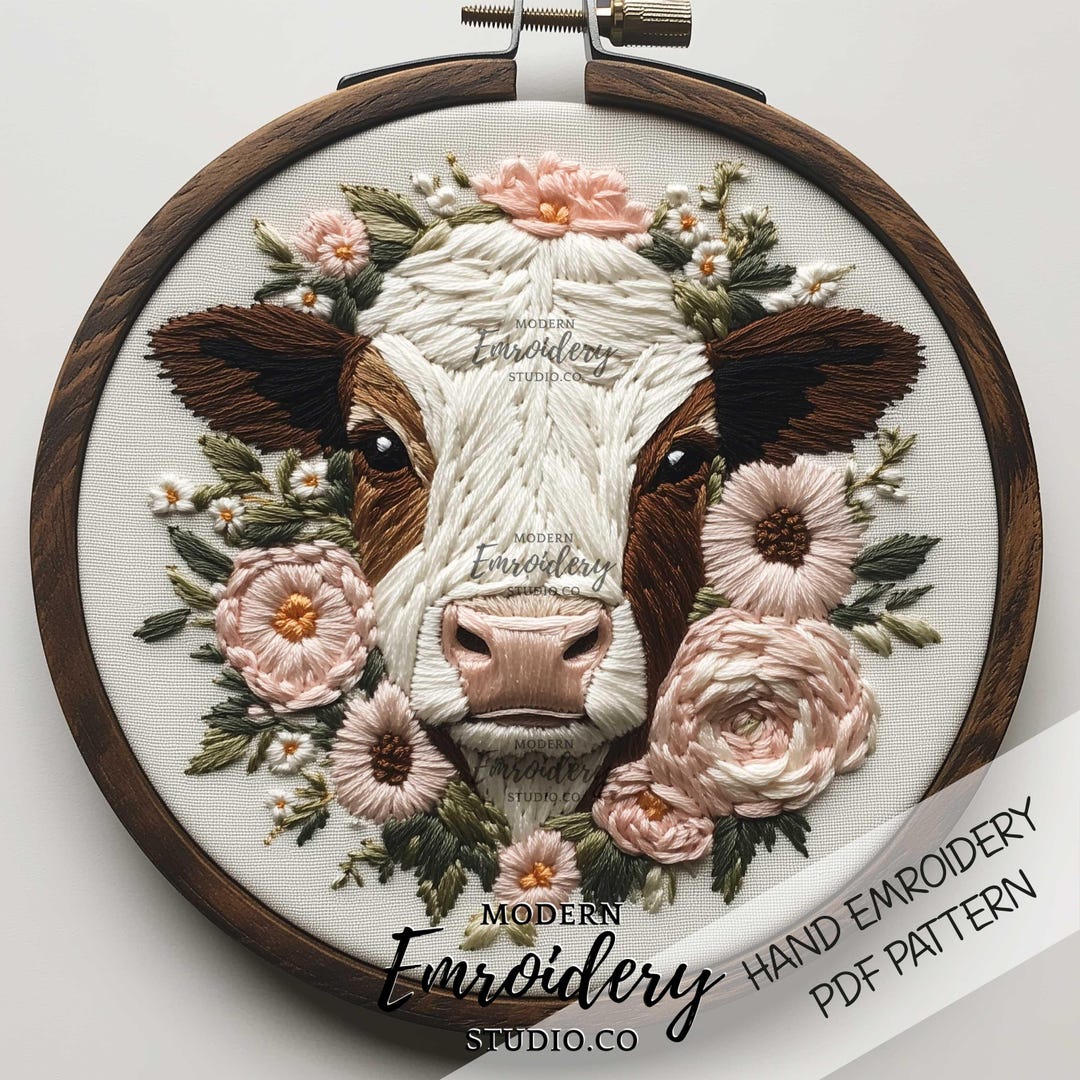 Floral Cow Embroidery Pattern PDF | Farmhouse Animal Hand Embroidery ...