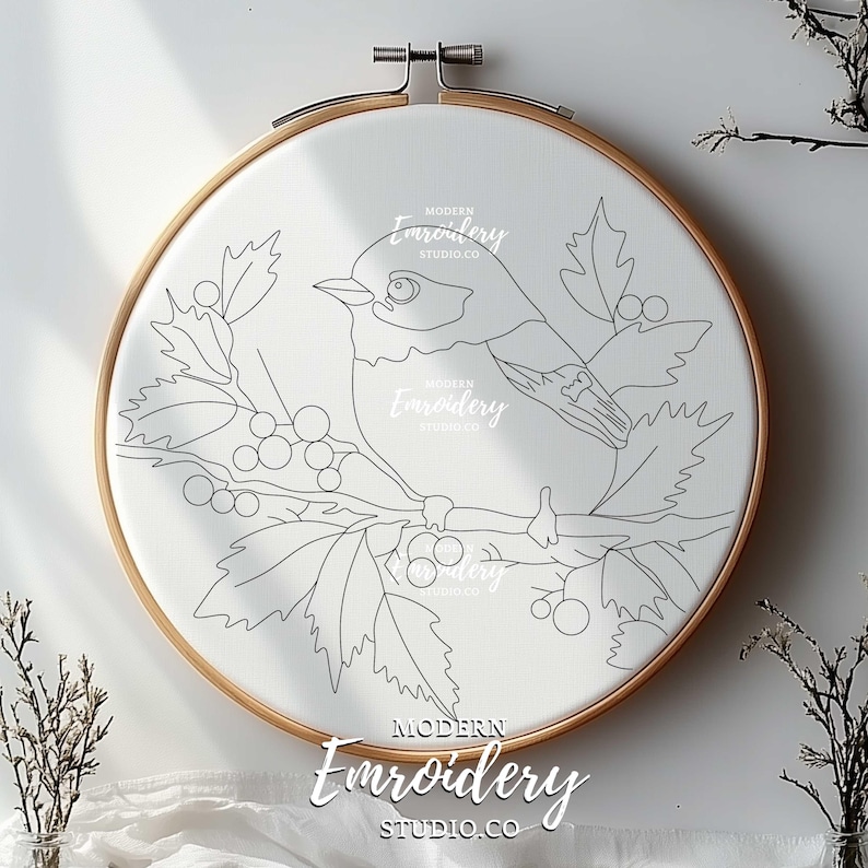 Chickadee on Holly Branch Embroidery Pattern | Bird & Berries Hand ...