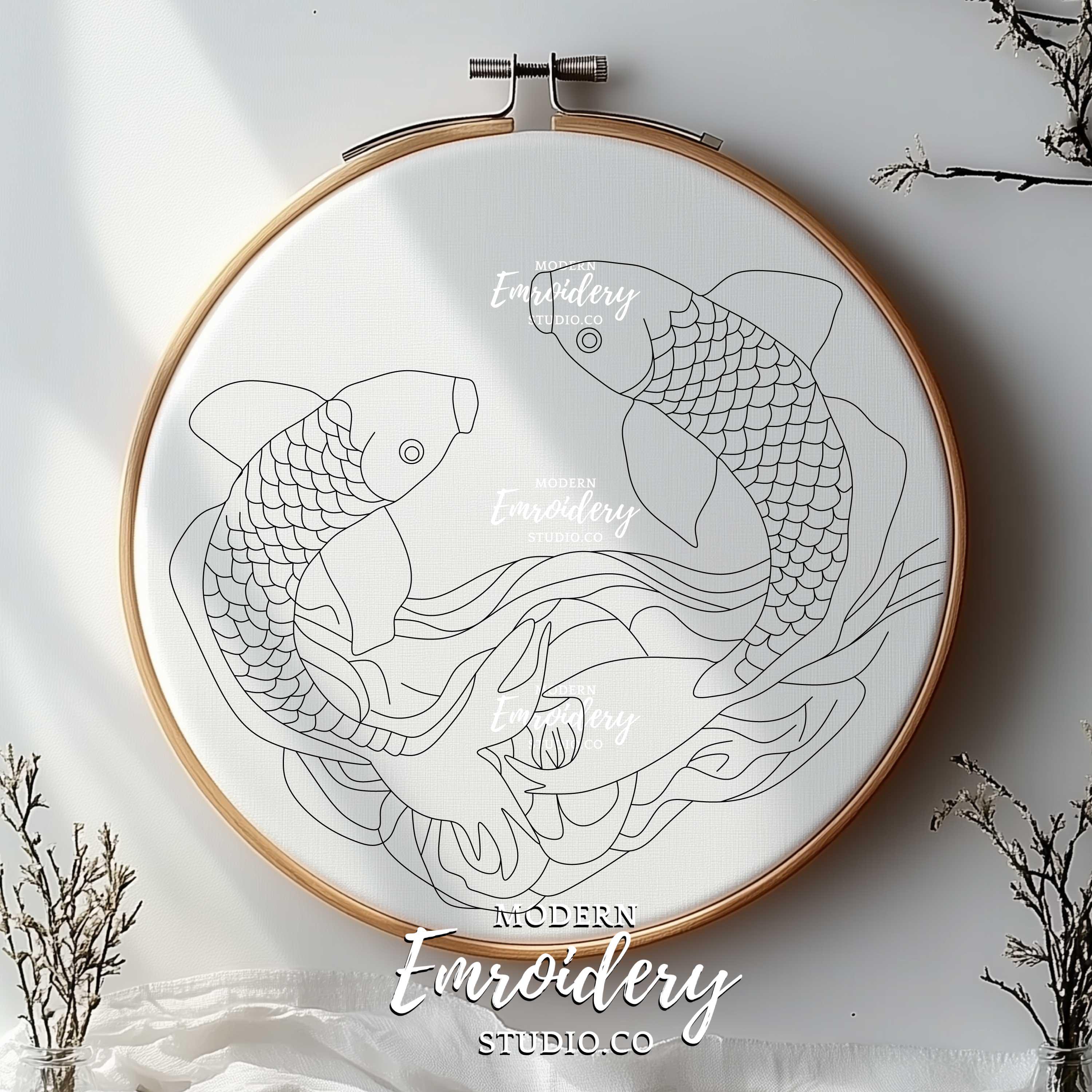 Yin Yang Koi Embroidery Pattern | Elegant Koi Fish Hand Embroidery PDF ...