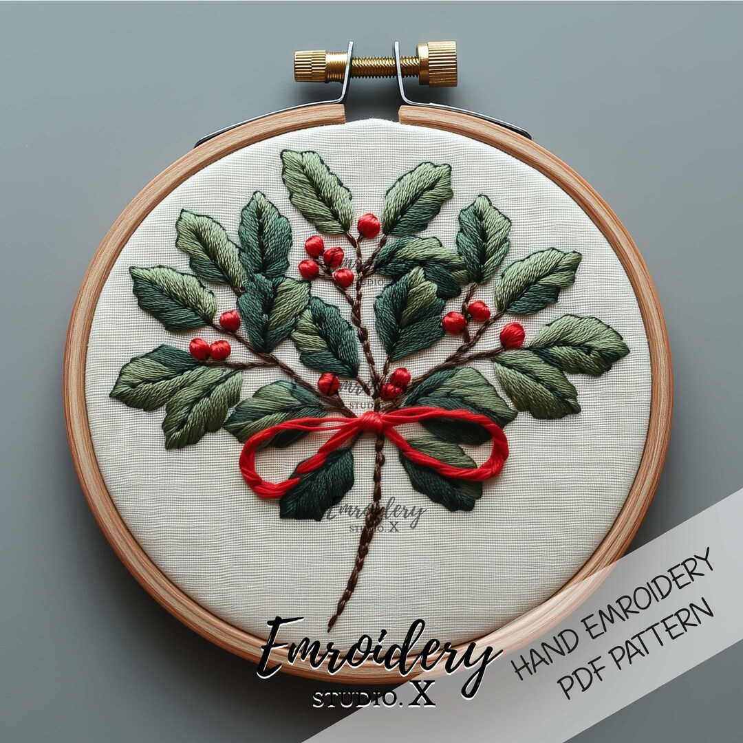Holly Embroidery Pattern PDF | Bow Embroidery With Christmas Ribbon for ...