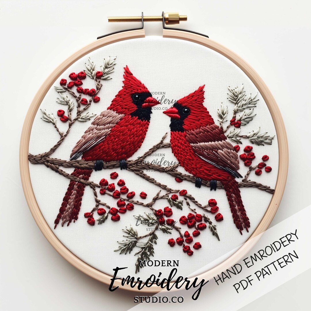 Cardinal Birds Embroidery Pattern | Winter Red Bird Hand Embroidery PDF ...