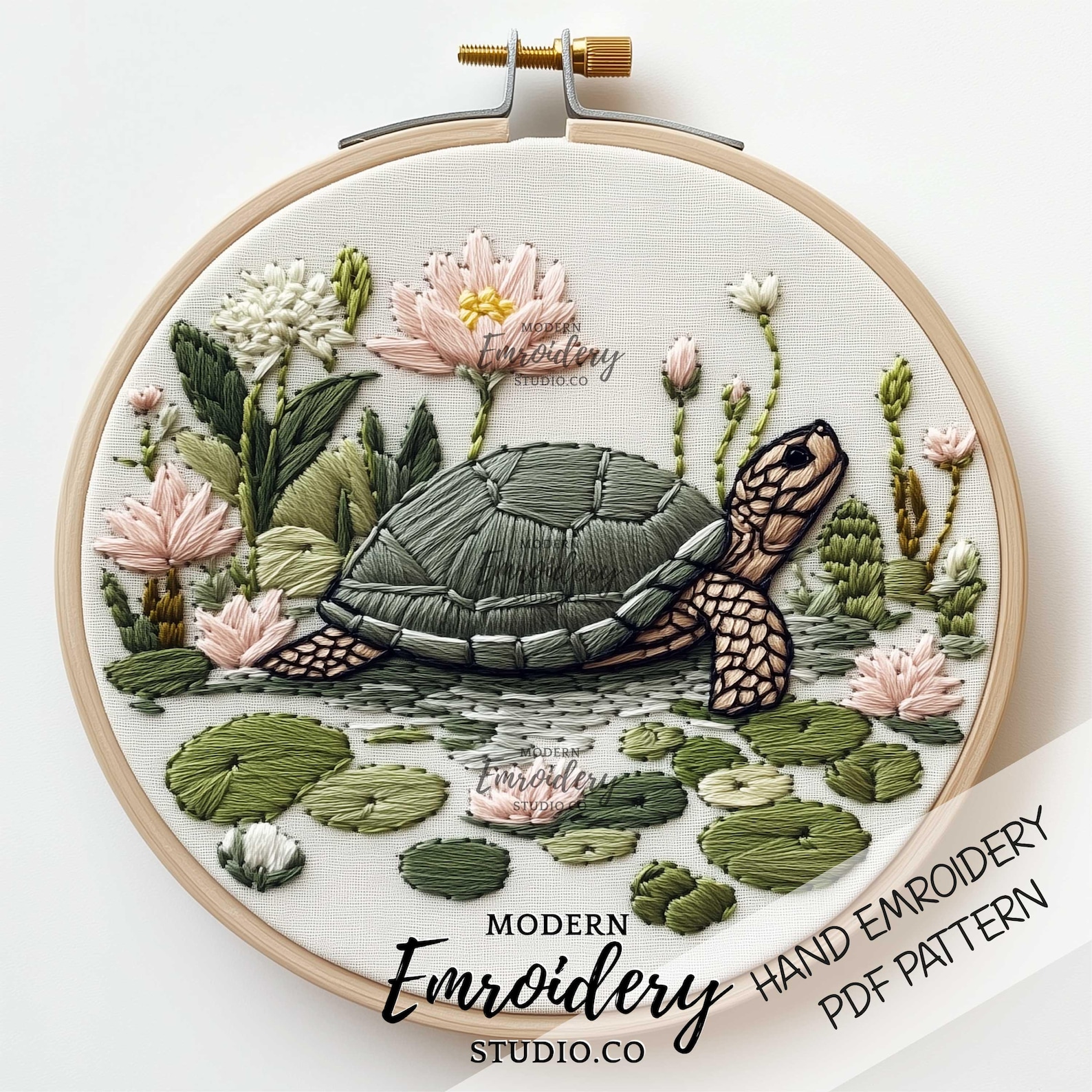 Sea Turtle Embroidery Pattern | Water Lilies & Nature Hand Embroidery ...