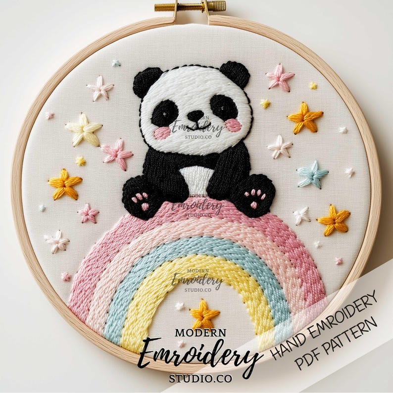 Cute Panda on Rainbow Hand Embroidery | Panda Embroidery PDF Pattern ...