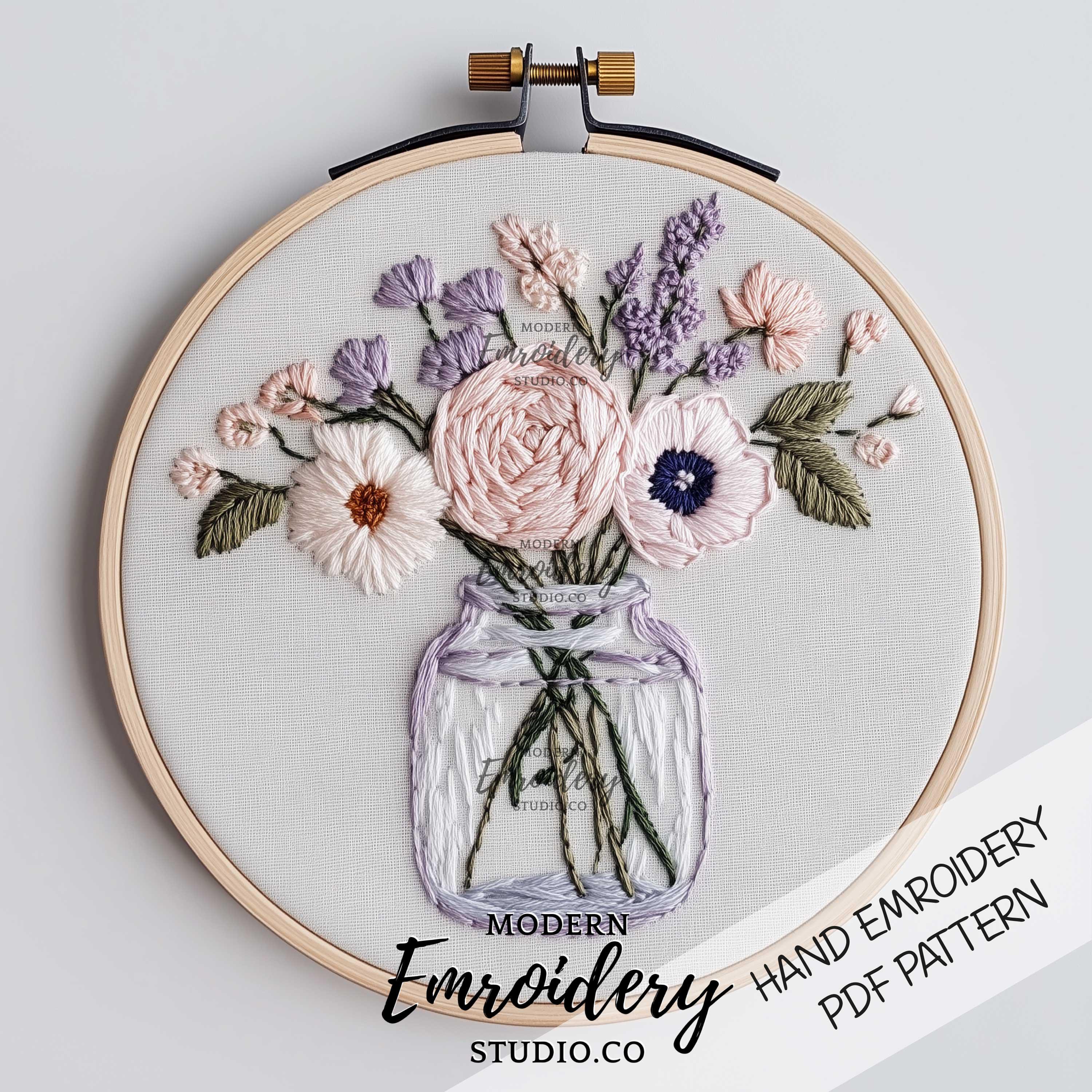 Mason Jar Bouquet Embroidery Pattern PDF | Glass Jar With Floral Design ...