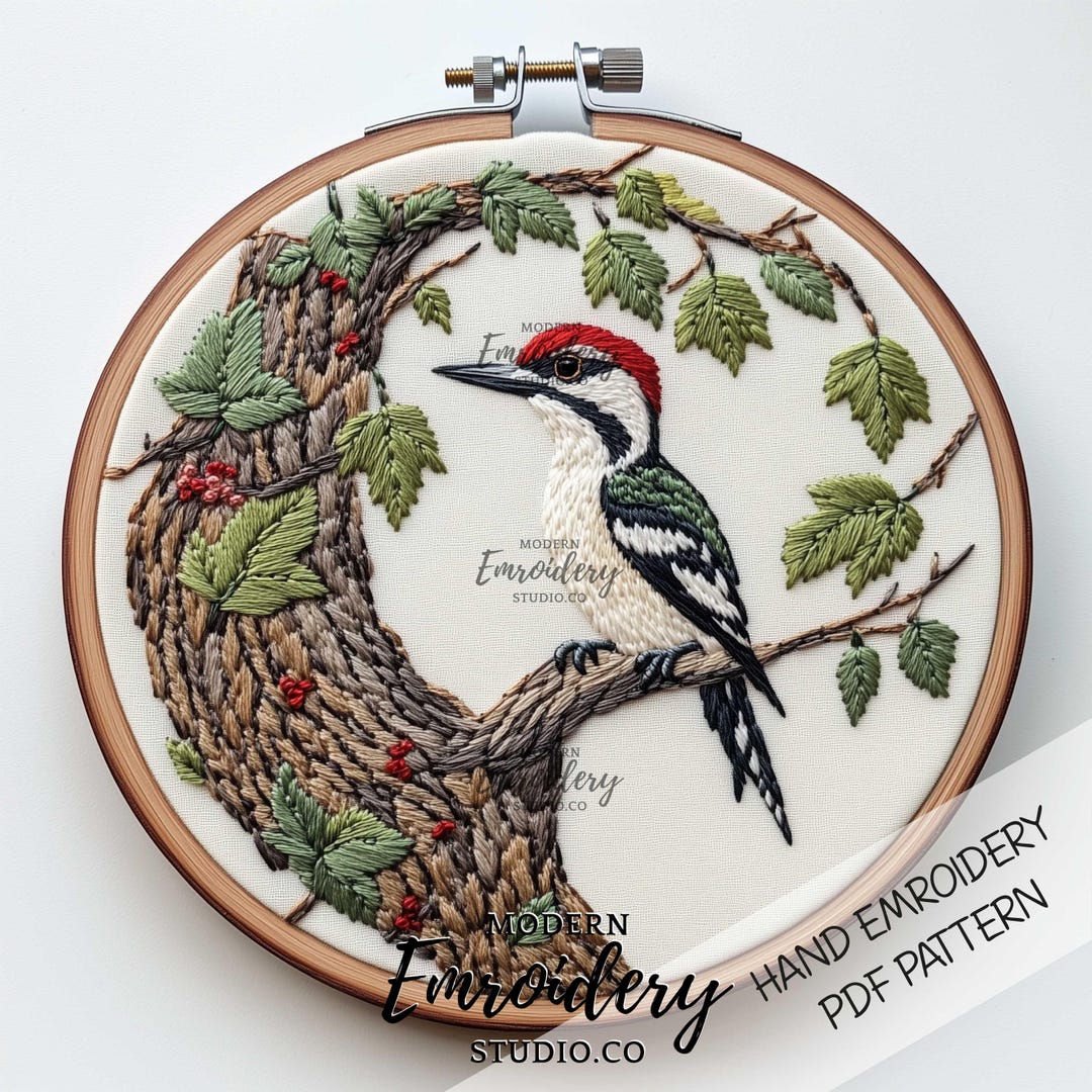 Woodpecker Embroidery Pattern | Forest Bird Hand Embroidery PDF ...