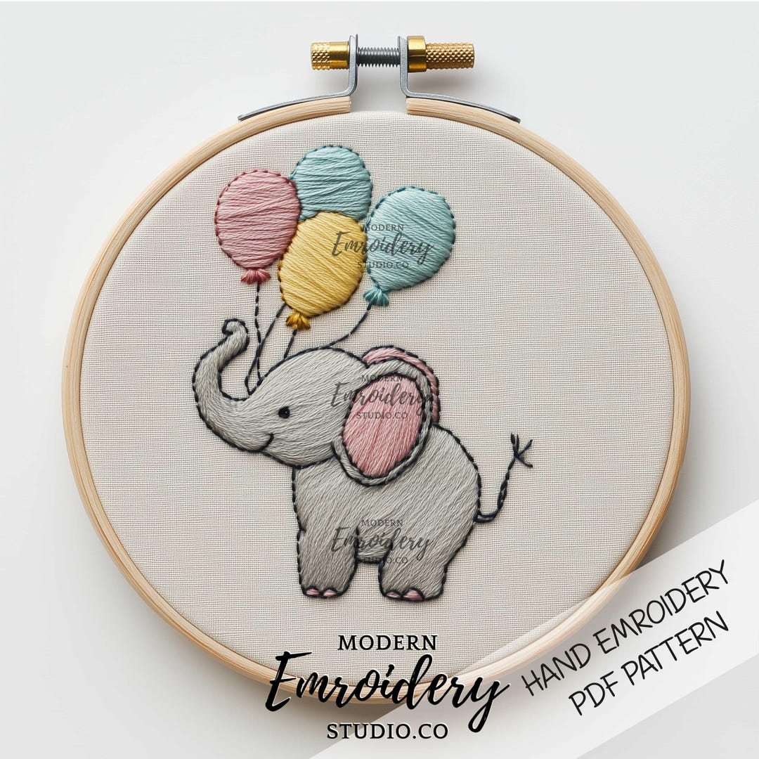 Elephant With Balloons Embroidery Pattern | Baby Elephant Hand ...