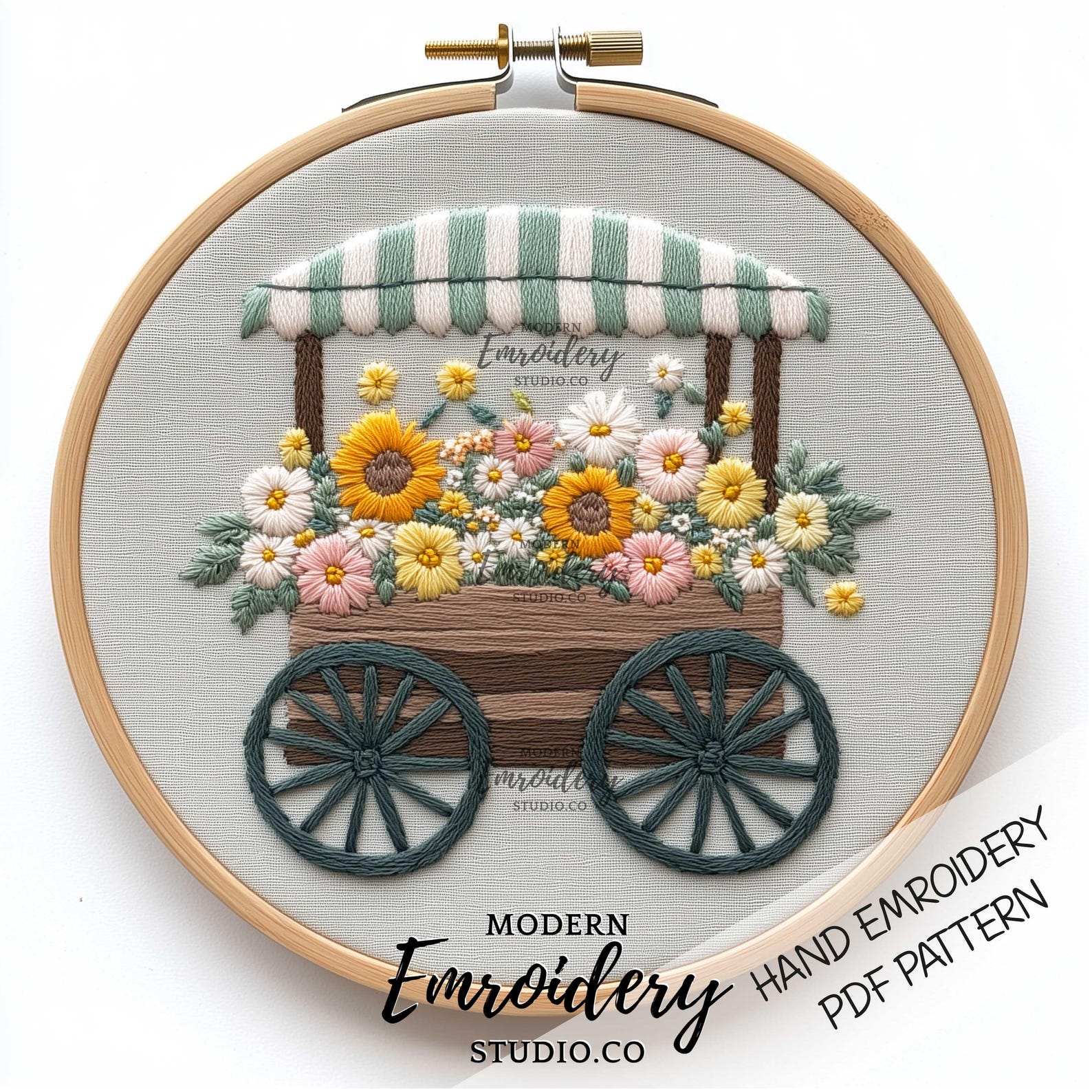 Flower Cart Embroidery - Rustic Flower Basket Hoop Design for Flower ...