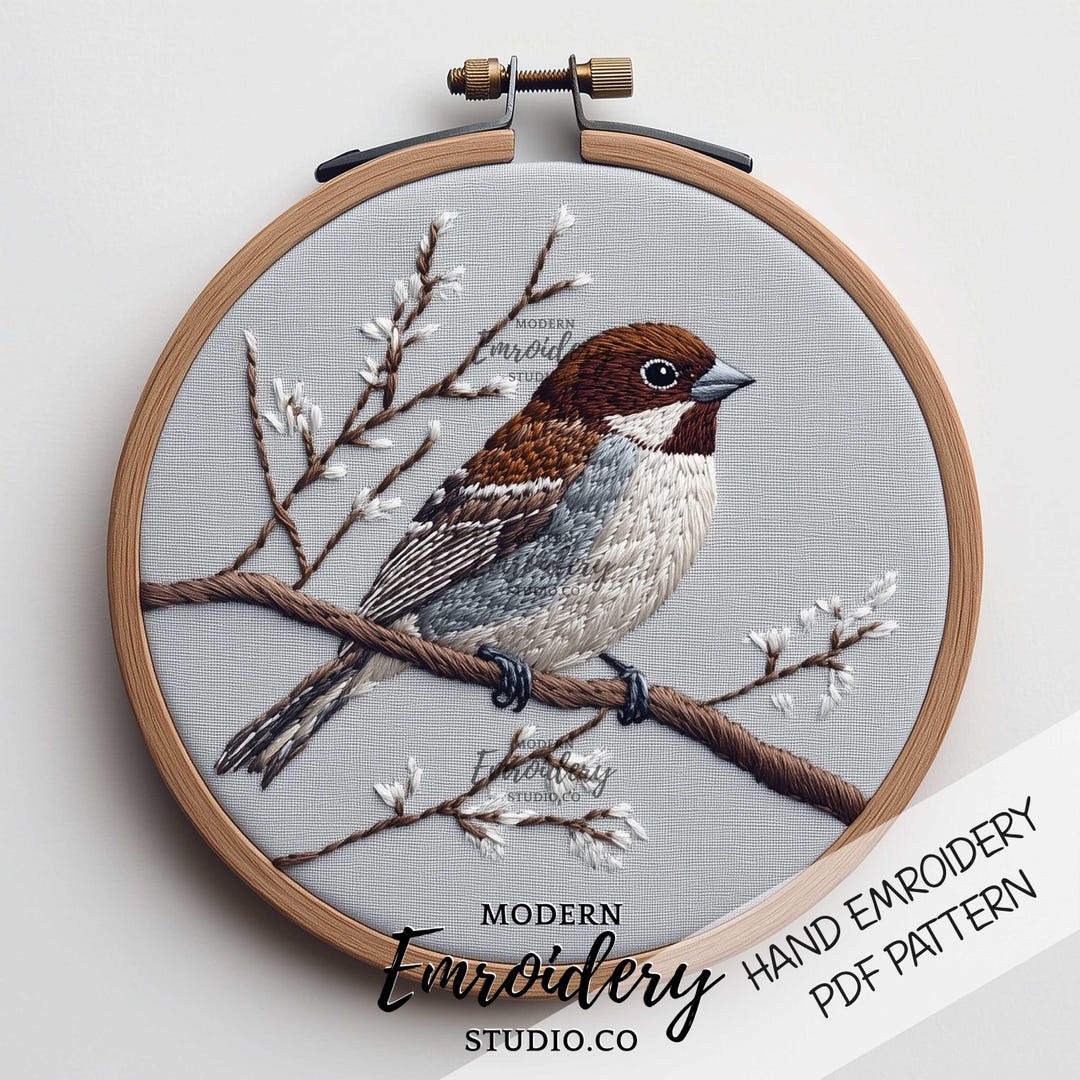 Sparrow on Branch Embroidery Pattern | Elegant Bird Hand Embroidery PDF ...