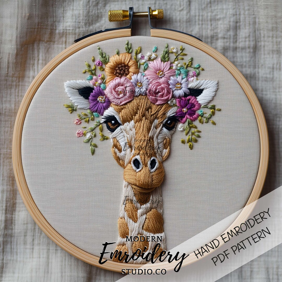 Giraffe With Flower Crown Embroidery Pattern | Whimsical Animal Hand ...
