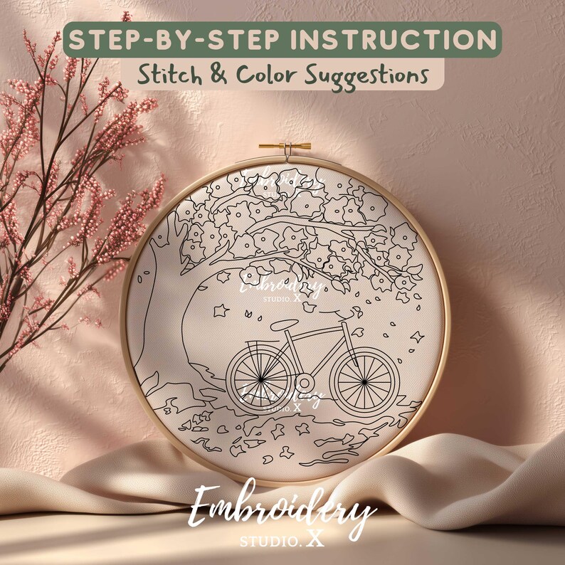 Pink Bicycle Design Under Cherry Blossom Tree | Floral Bike Embroidery ...