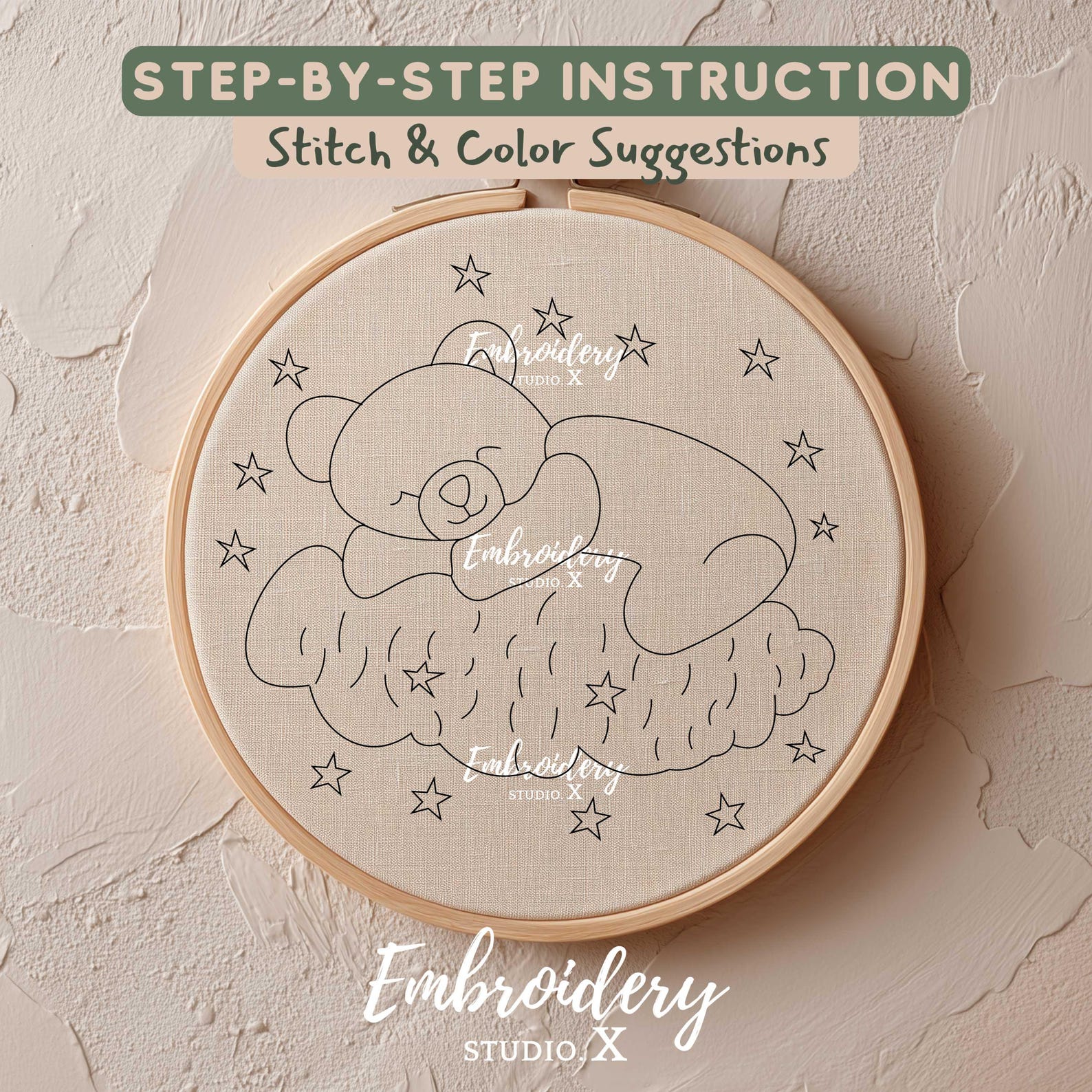 Sleeping Teddy Bear Hand Embroidery Design | Cute Animal on Cloud ...
